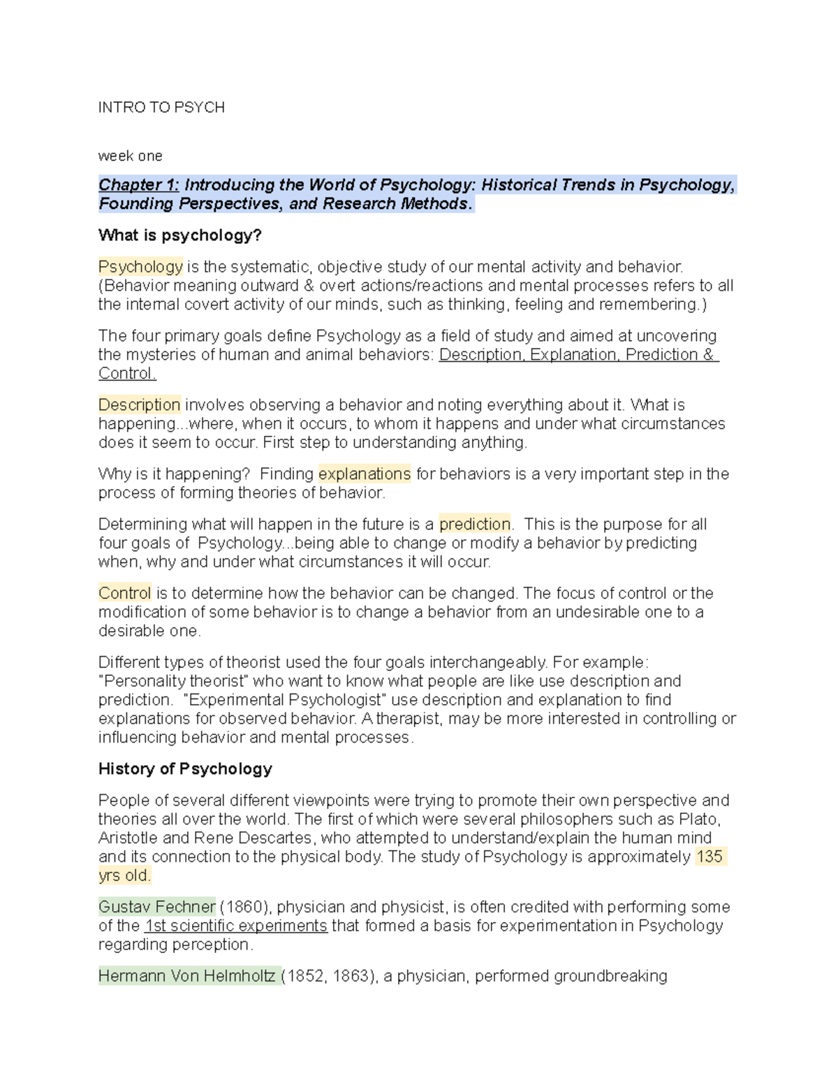 Intro to psych - notes for class docx - INTRO TO PSYCH week one Chapter ...