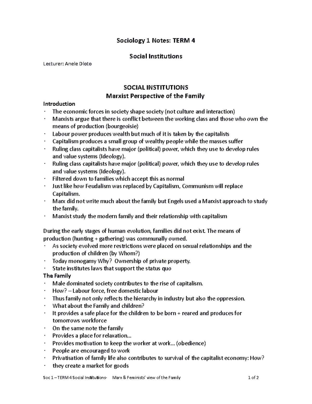 HO-Family(Perspectives) - Sociology 1 Notes: TERM 4 Social Institutions ...