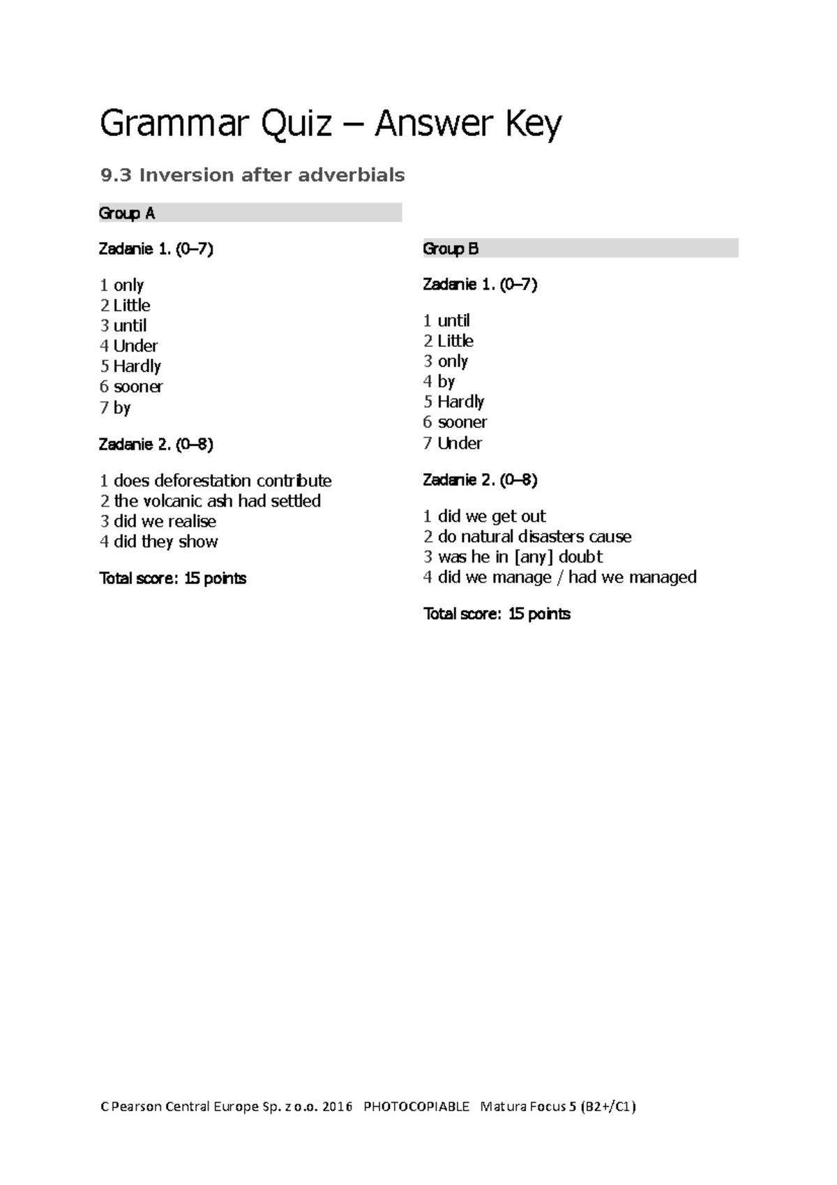 Grammar Quiz Unit 9 (9-3) Answer Key Groups A i B - Grammar Quiz ...