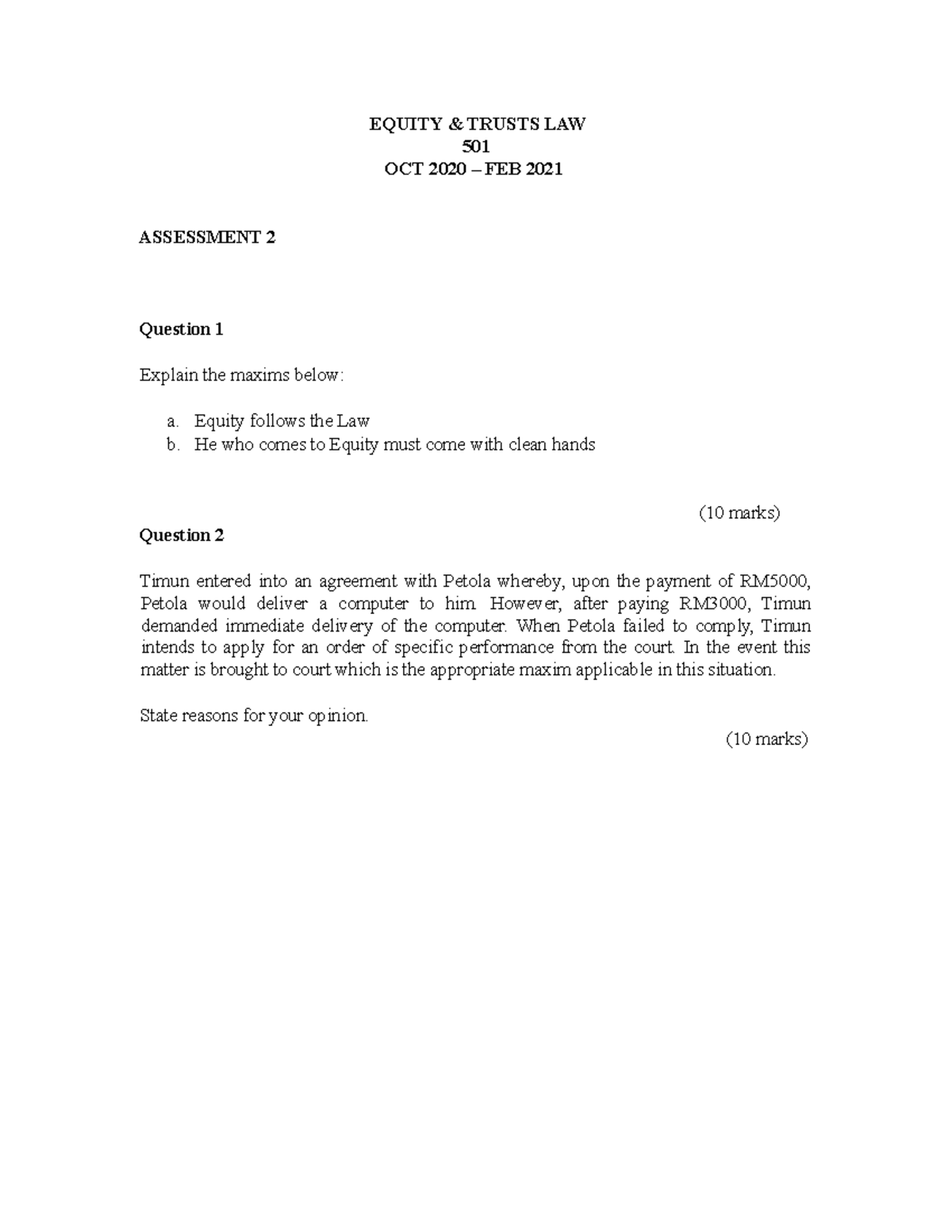 Asg equity 2 & 3 2011 - EQUITY & TRUSTS LAW 501 OCT 2020 – FEB 2021 ...