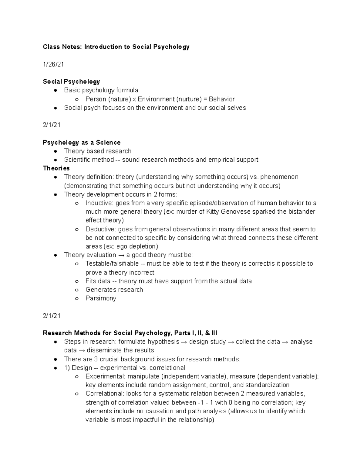 Class Notes Intro to Social Psych - Class Notes: Introduction to Social ...