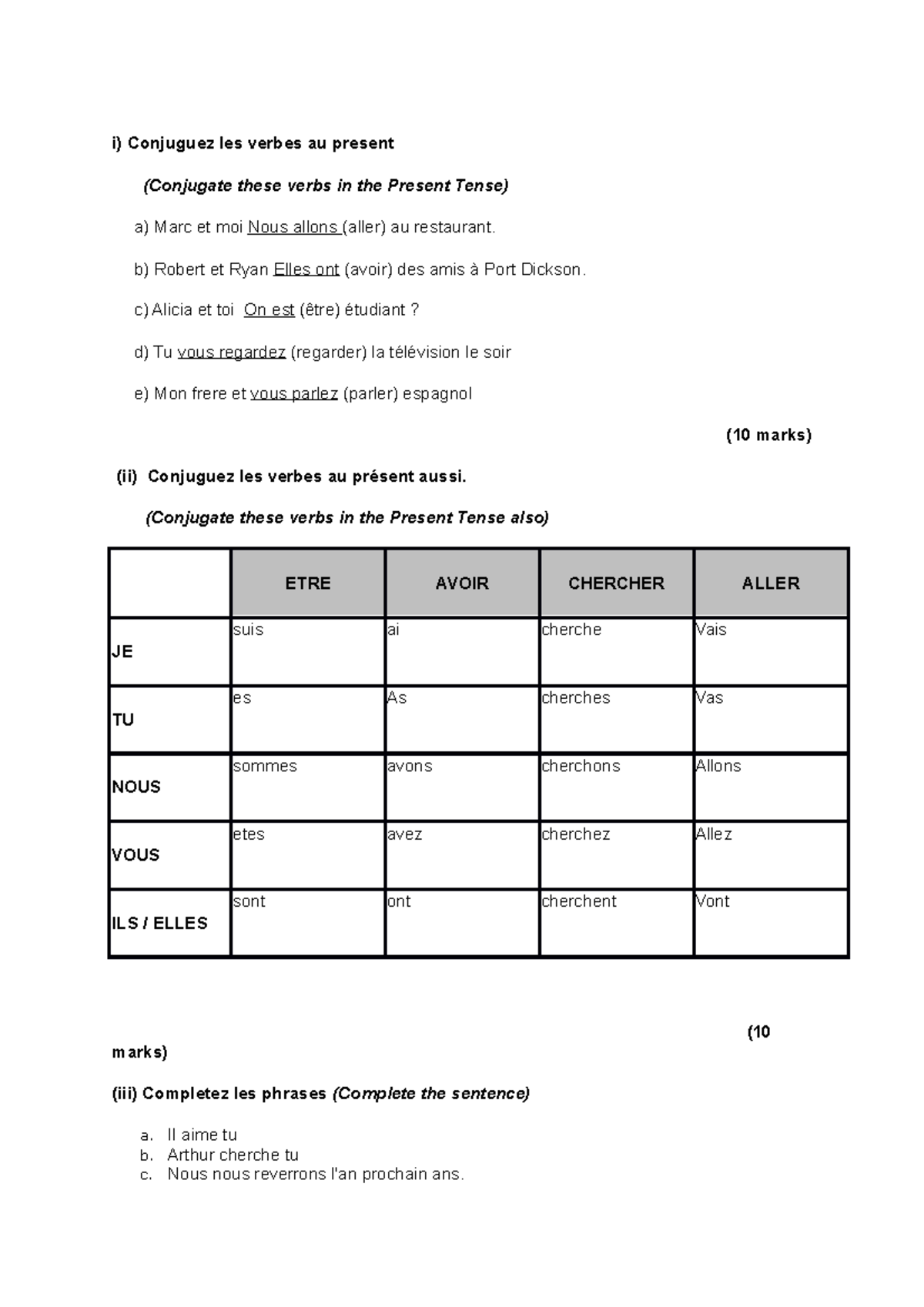 2 - we12 - i) Conjuguez les verbes au present (Conjugate these verbs in ...