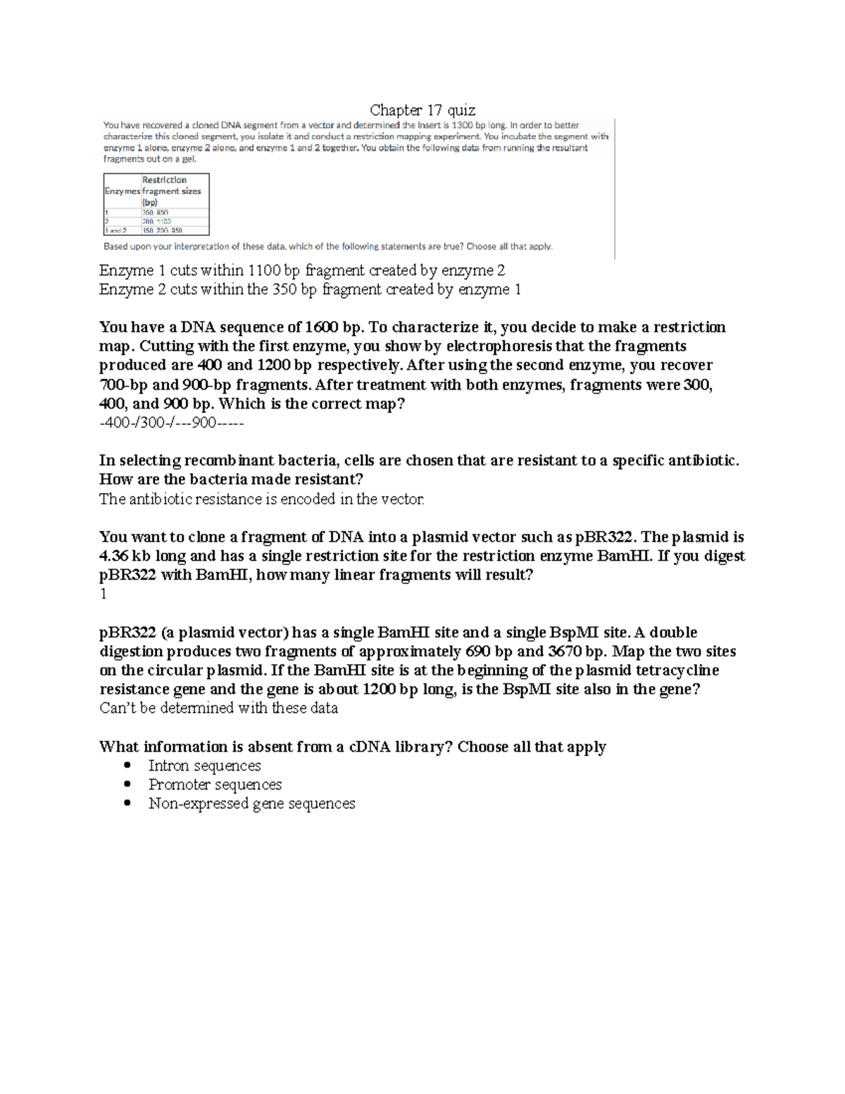 Chapter 17 quiz - Chapter 17 quiz Enzyme 1 cuts within 1100 bp fragment ...