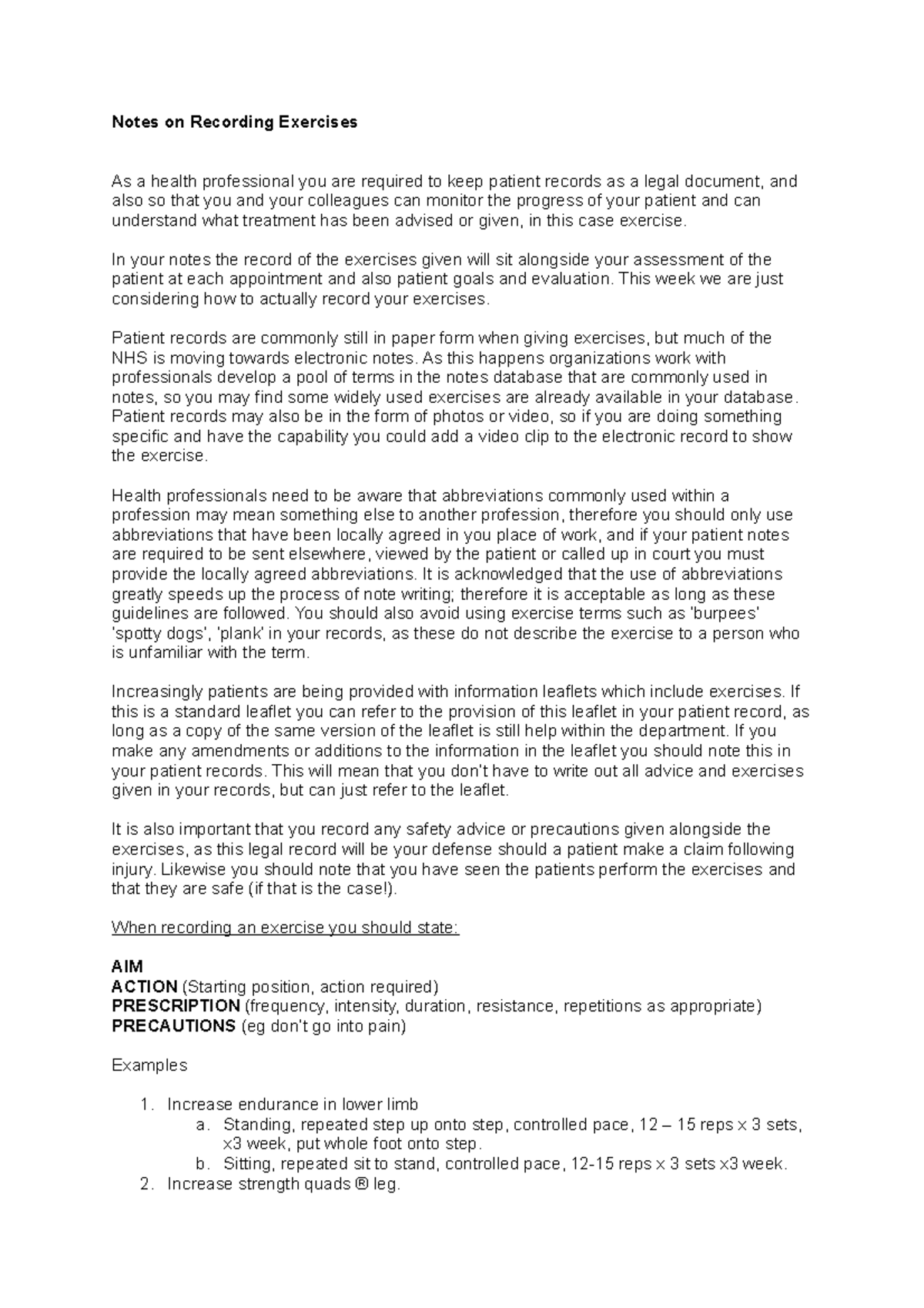 Notes on Recording Exercises - In your notes the record of the ...