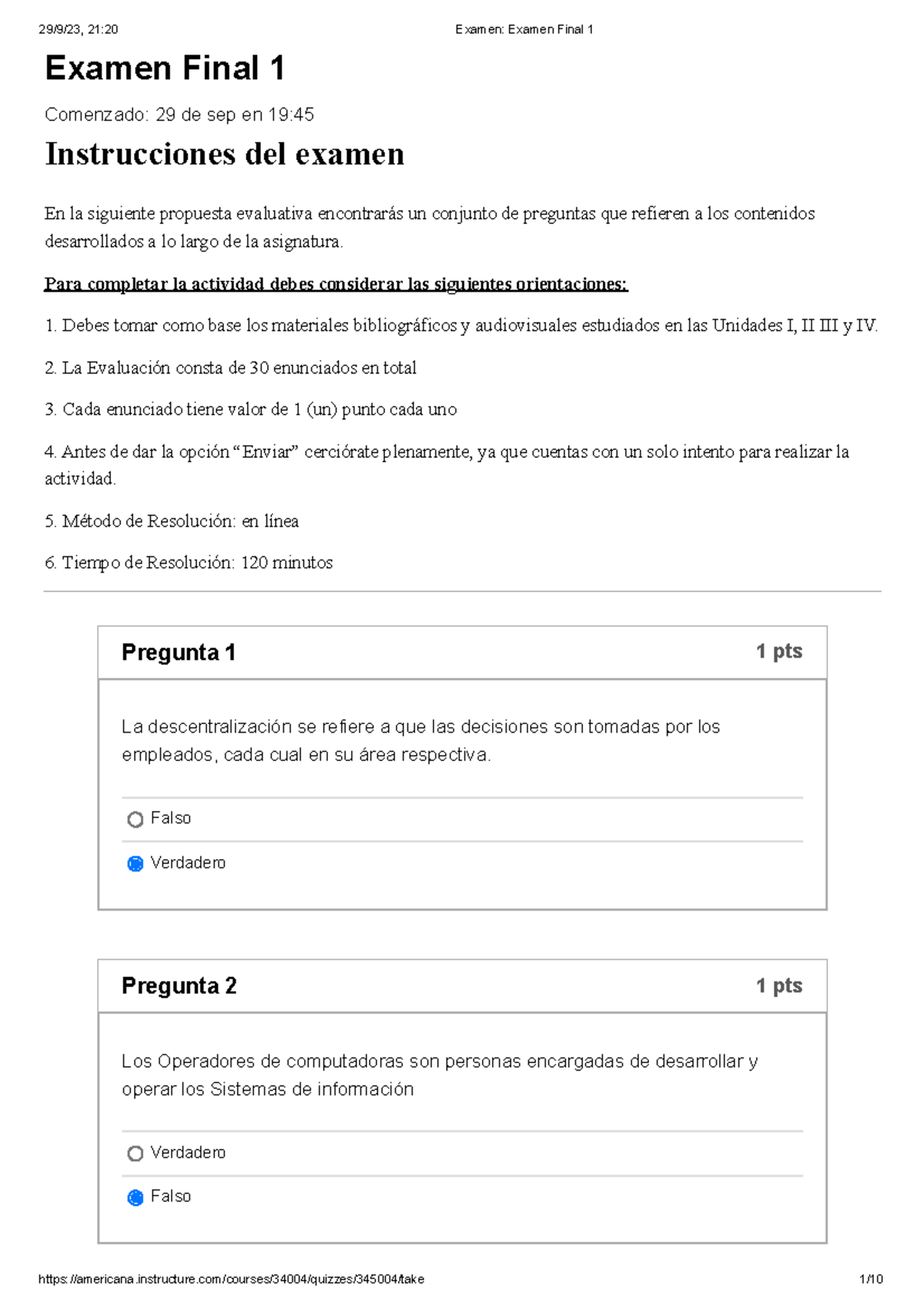 Examen Administracion y SIA Examen Final 1 - Examen Final 1 Comenzado ...