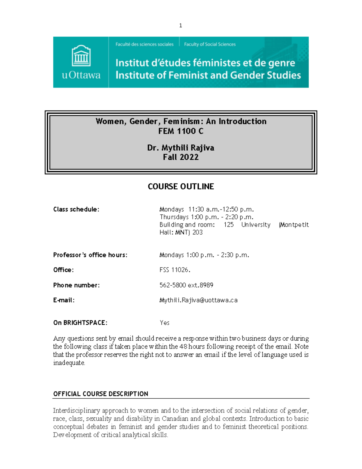 FEM1100D syllabus MRajiva 20222 - Women, Gender, Feminism: An ...