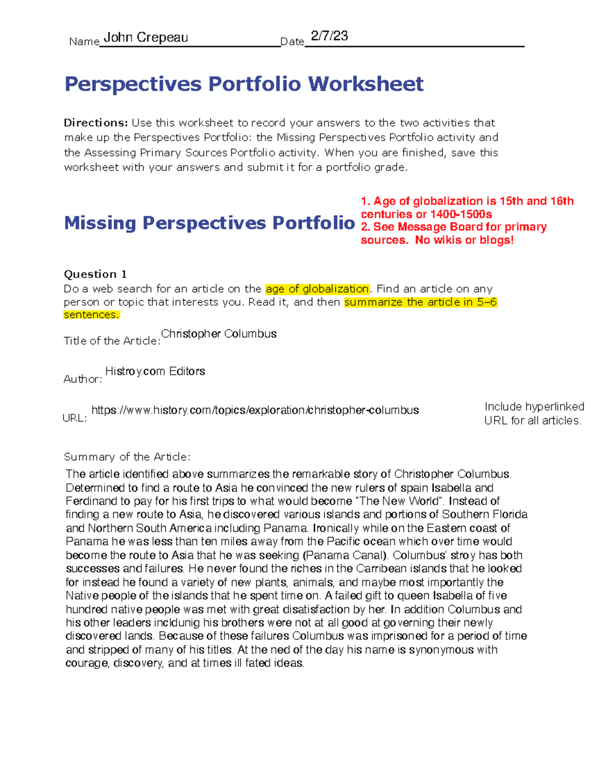 WB U2 Perspectives - Name Date Perspectives Portfolio Worksheet Directions: Use this worksheet ...