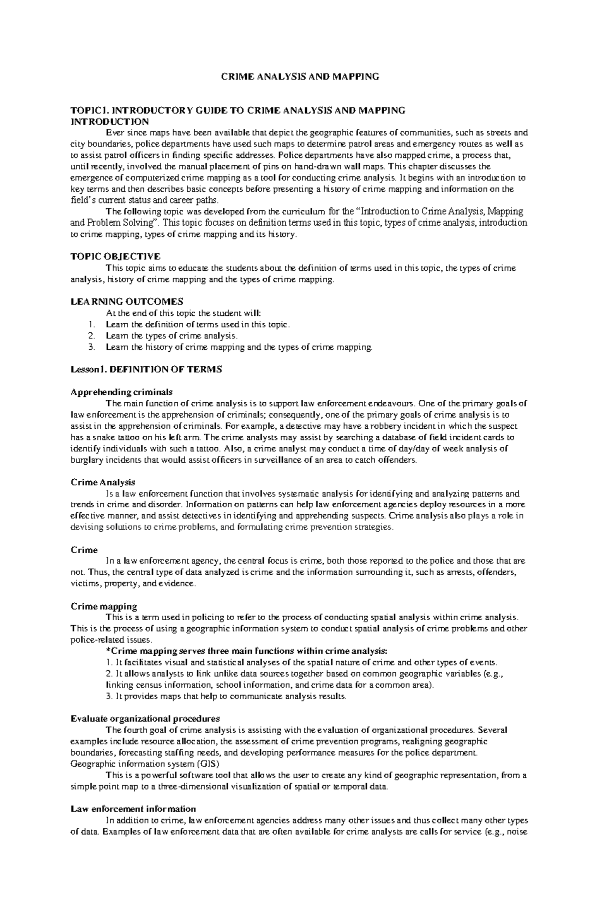 Topic 1 Crime Analysis AND Mapping - CRIME ANALYSIS AND MAPPING TOPIC1 ...