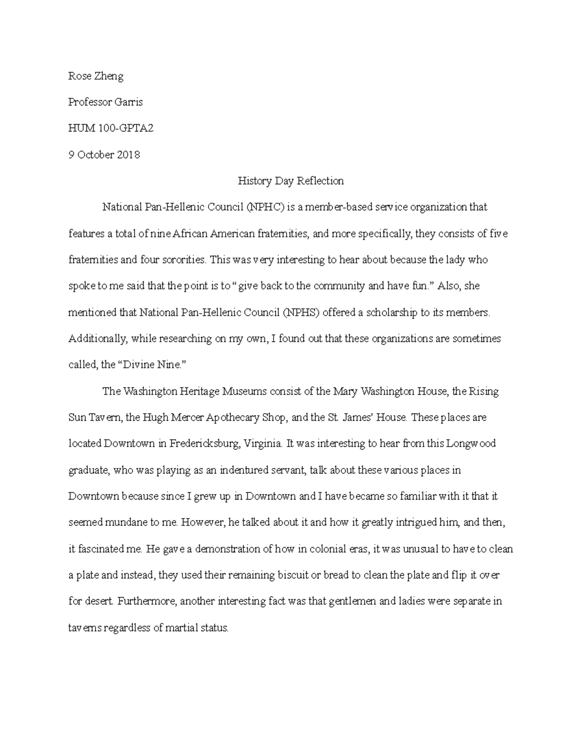 History Day Reflection - Rose Zheng Professor Garris HUM 100-GPTA 9 ...