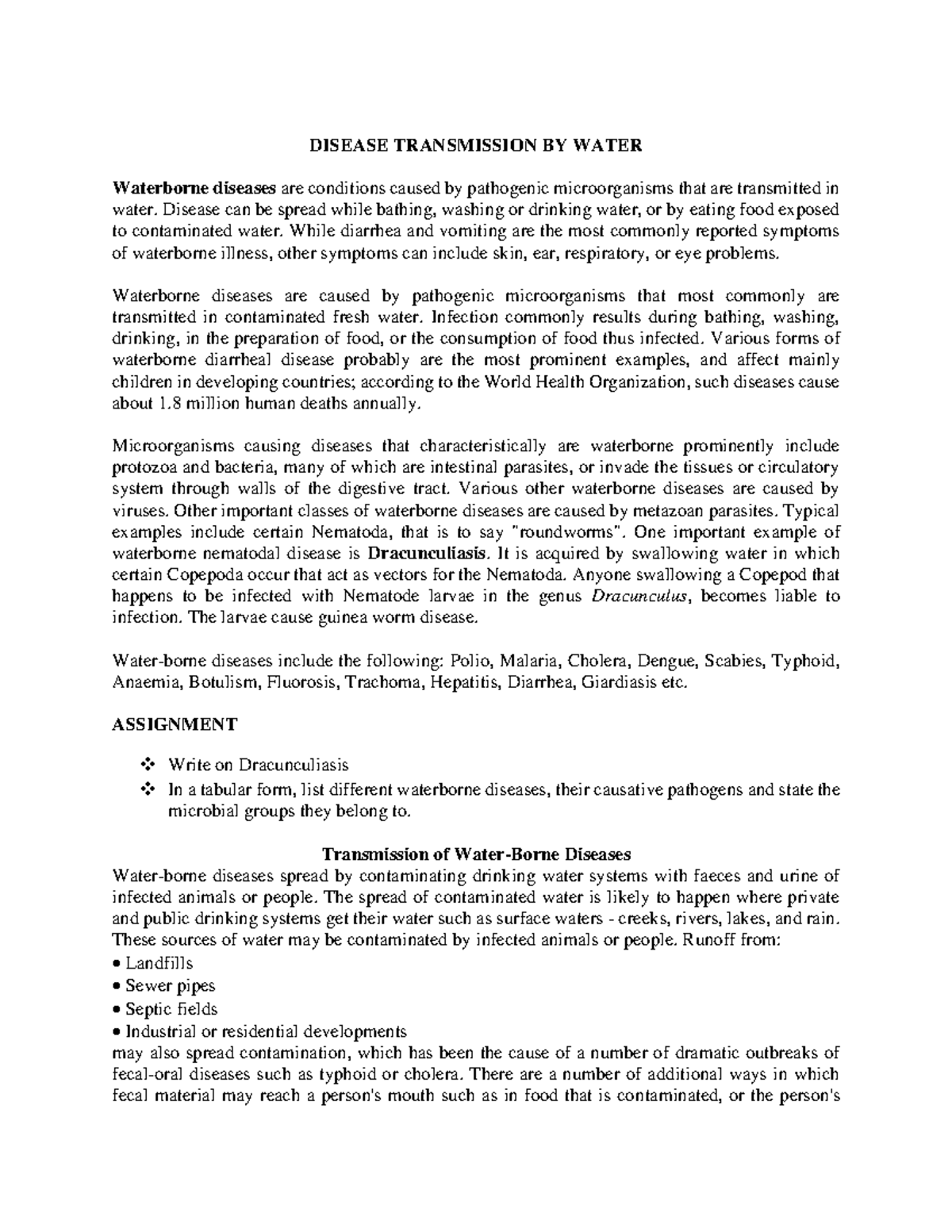 Disease Transmission BY Water - DISEASE TRANSMISSION BY WATER ...