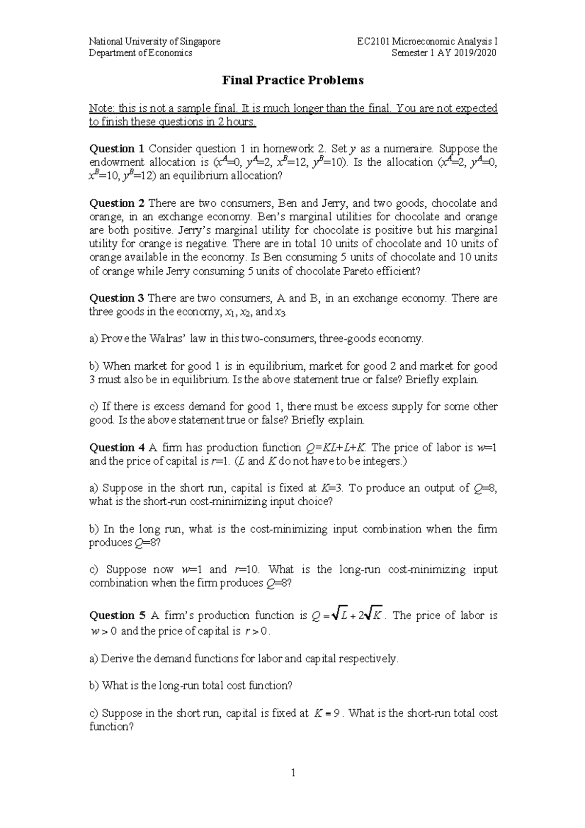 Final Practice Problems - Department of Economics Semester 1 AY 2019/ Final Practice Problems ...