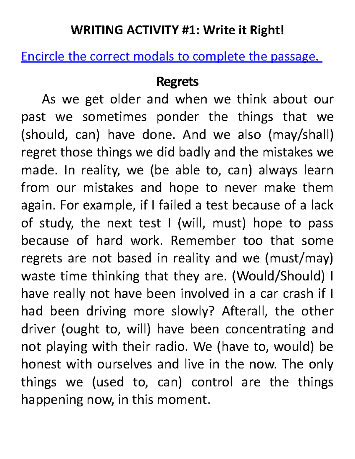 Q1 W2 D2 Regrets - notes - WRITING ACTIVITY #1: Write it Right ...