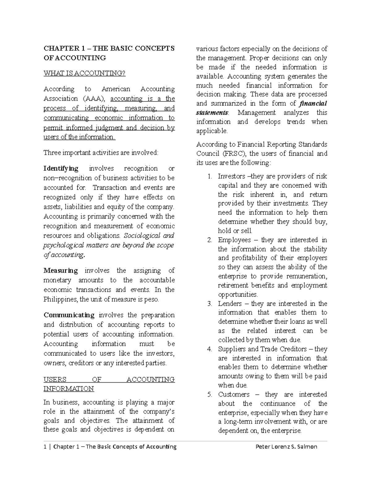 Chapter 1 basic accouning concepts - CHAPTER 1 – THE BASIC CONCEPTS OF ...