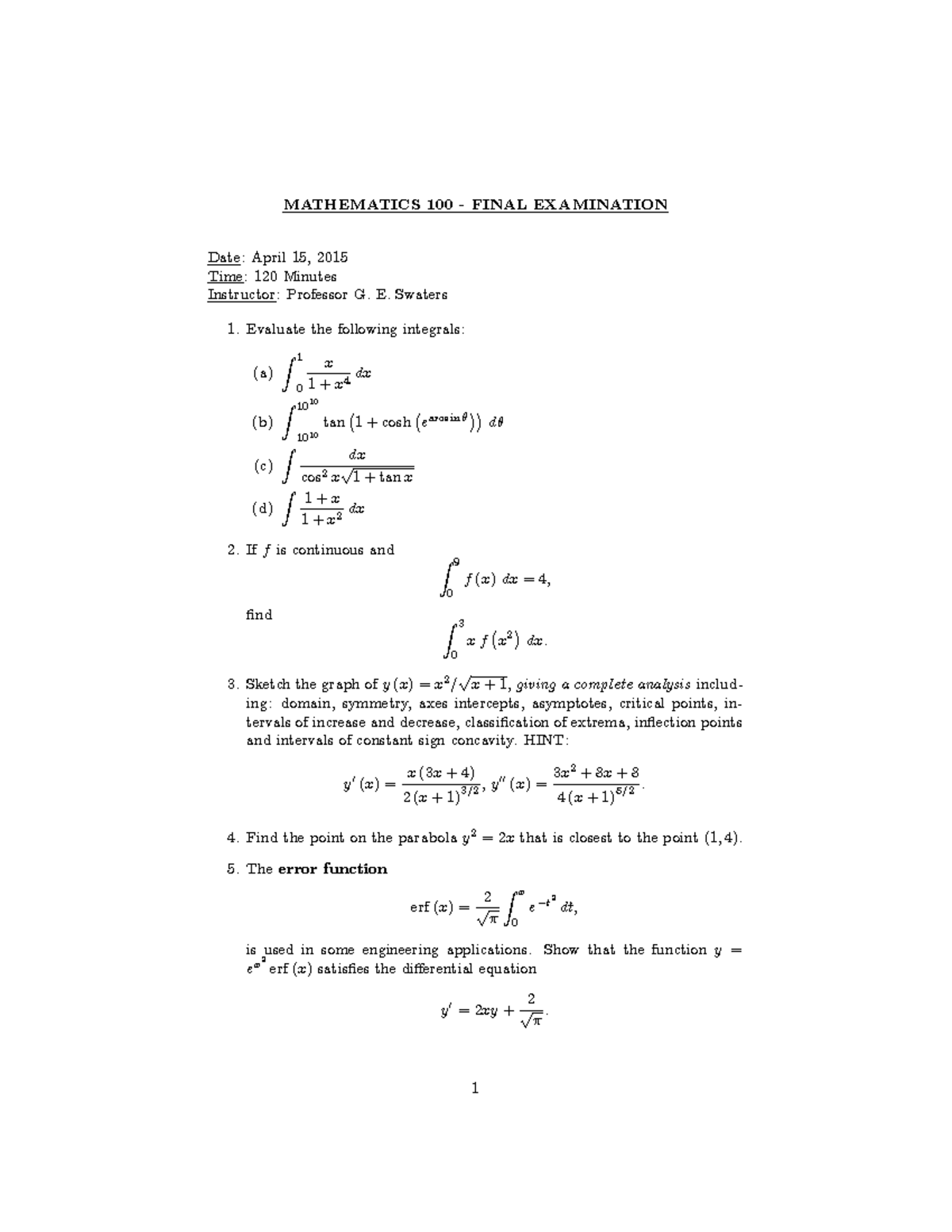 MATH 100 Winter 2015 final exam - MATHEMATICS 100 - FINAL EXAMINATION ...