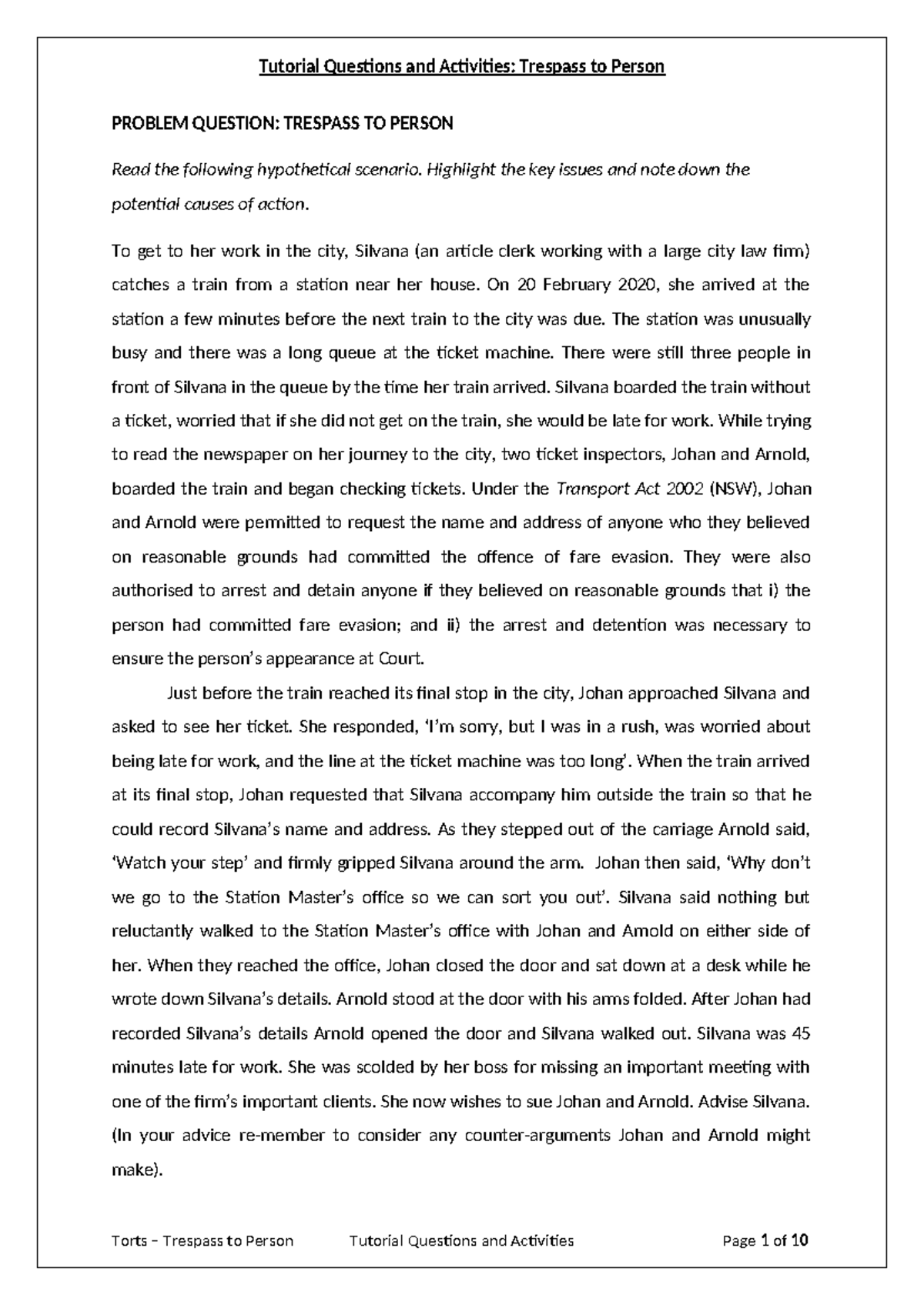 Tutorial Questions and Activities Week 2 Trespass to Person Problem Question with guided answer ...