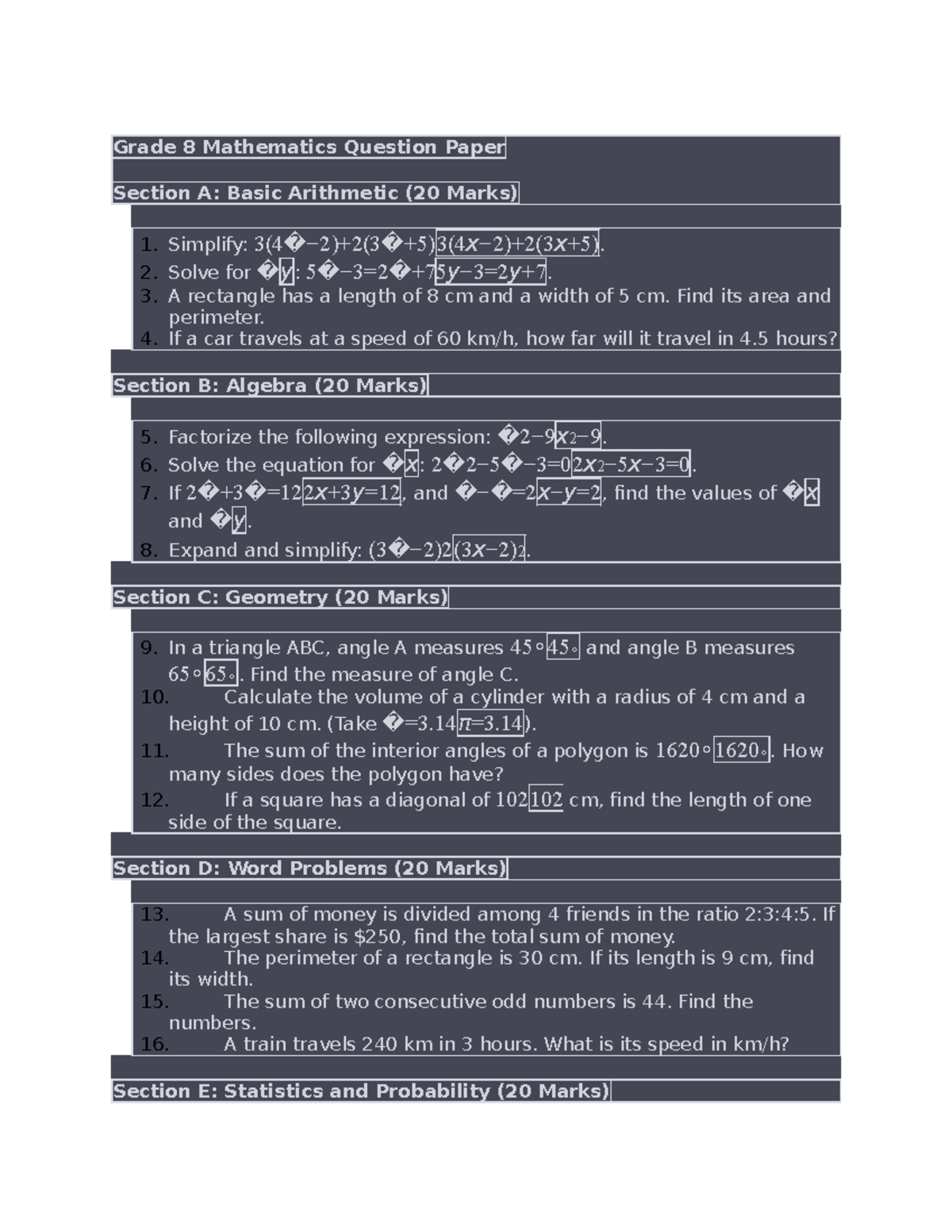 Grade 8 Math Question Paper 4874362 - Grade 8 Mathematics Question ...