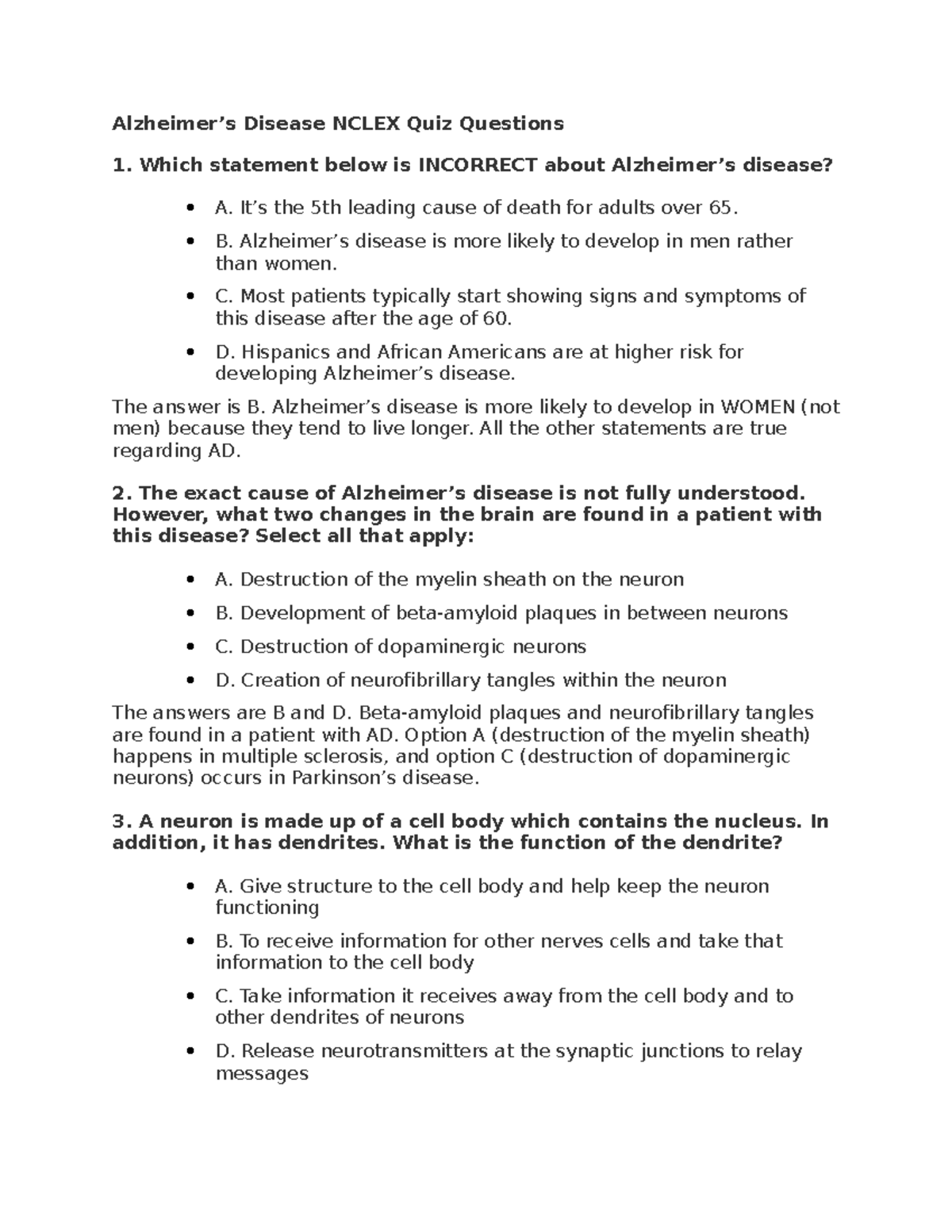 Exam 2 R.N.RN Questions - Alzheimer’s Disease NCLEX Quiz Questions ...