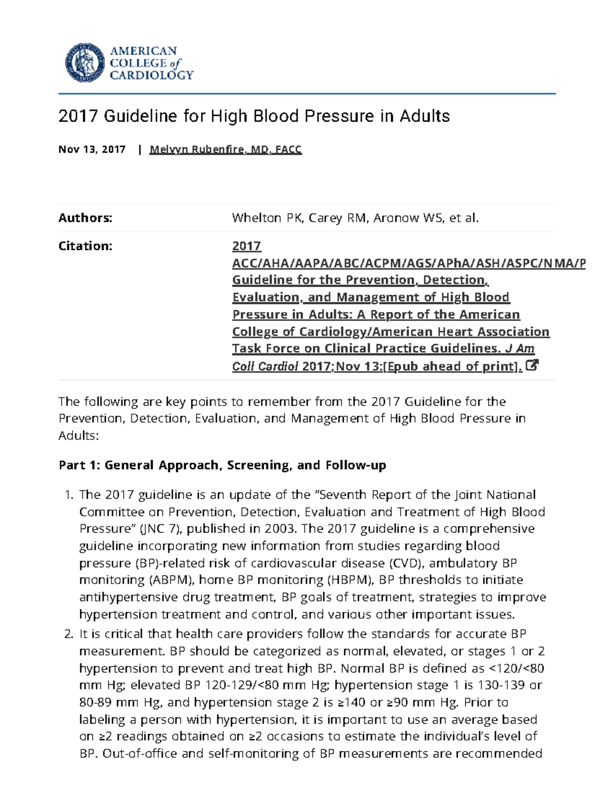 2017 Guideline for High Blood Pressure - Authors: Whelton PK, Carey RM ...