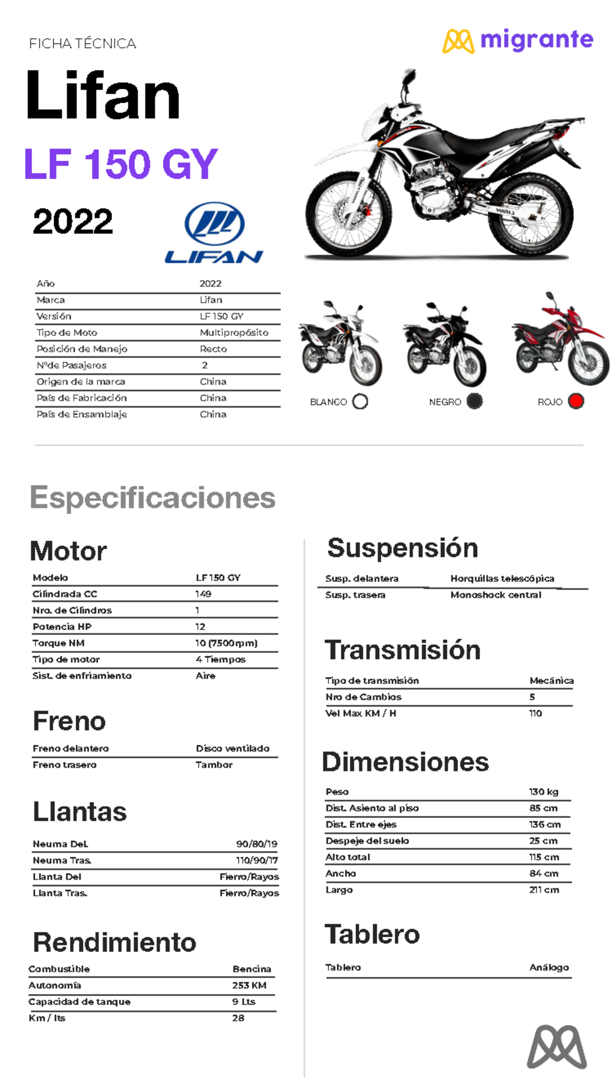 Ficha T cnica LF 150 GY Migrante - Lifan LF 150 GY 2022 Año 2022 Marca Lifan Versión LF 150 GY ...