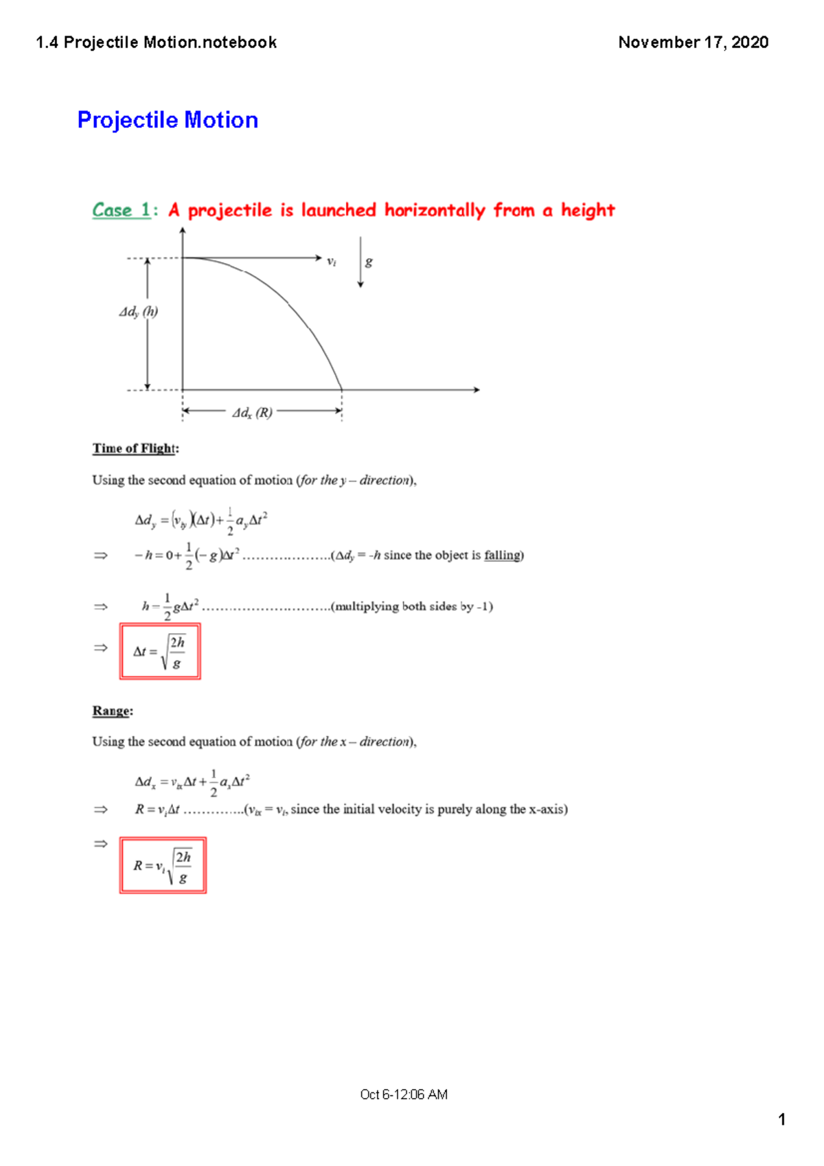 1.4 Projectile Motion - 1 Projectile Motion November 17, 2020 Oct 612: ...