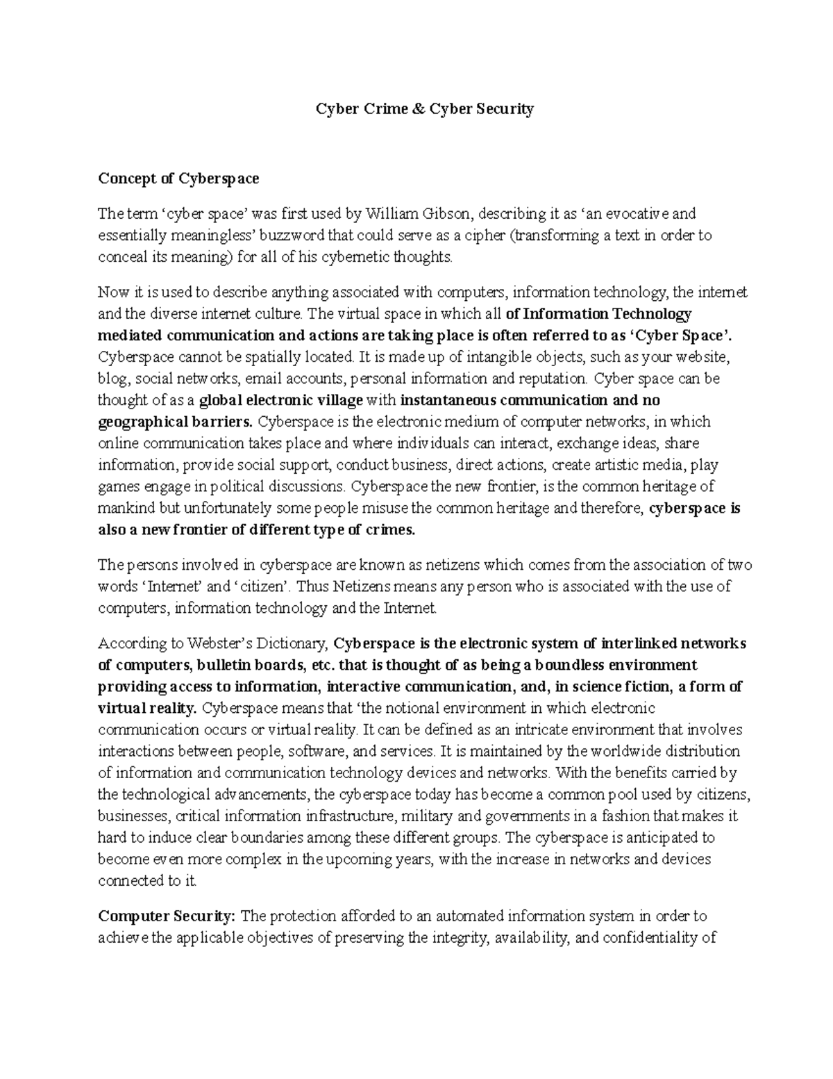 Cyber Crime notes - Cyber Crime & Cyber Security Concept of Cyberspace ...