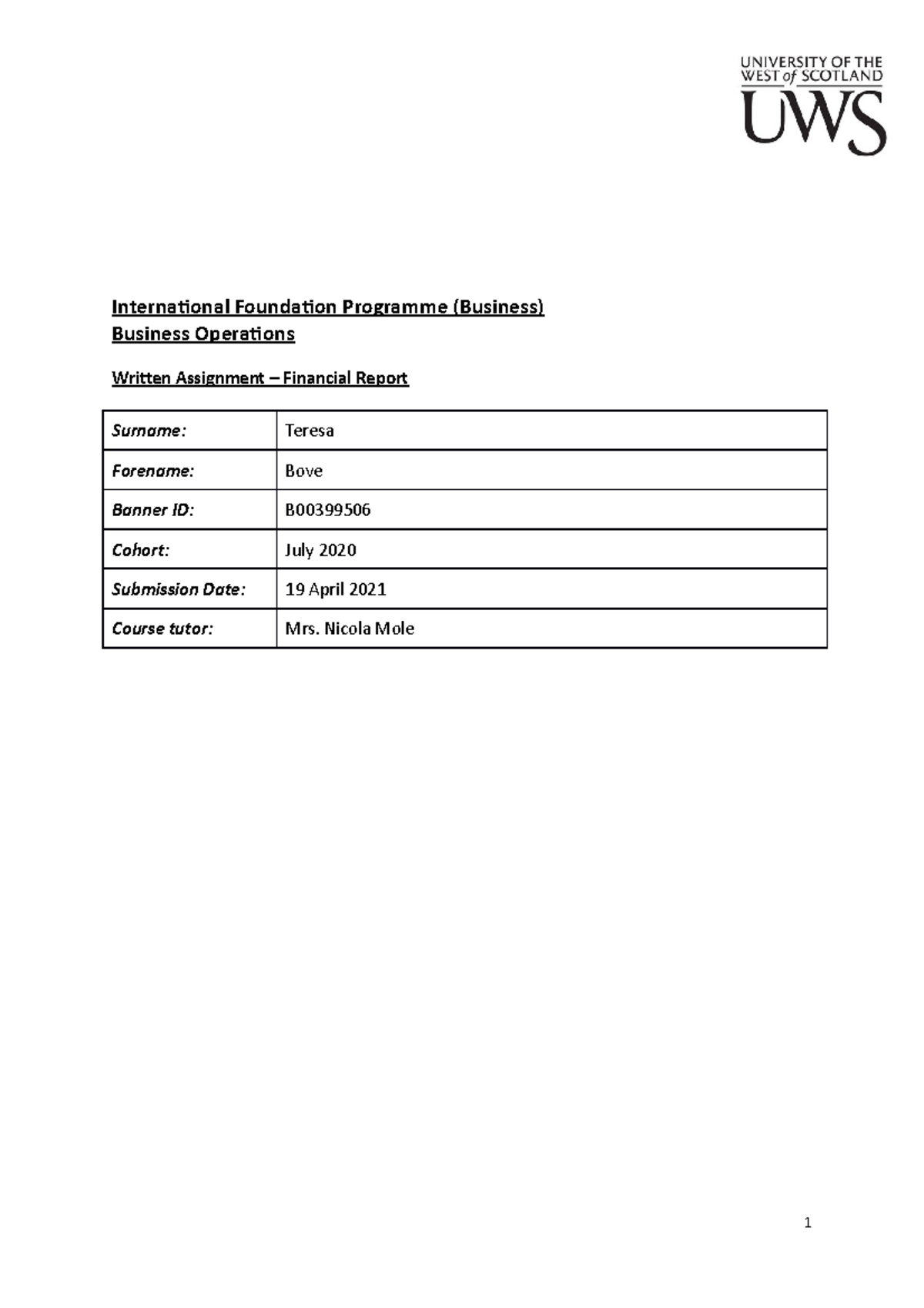 Final 1 Business Operations assignment framework intro - International ...