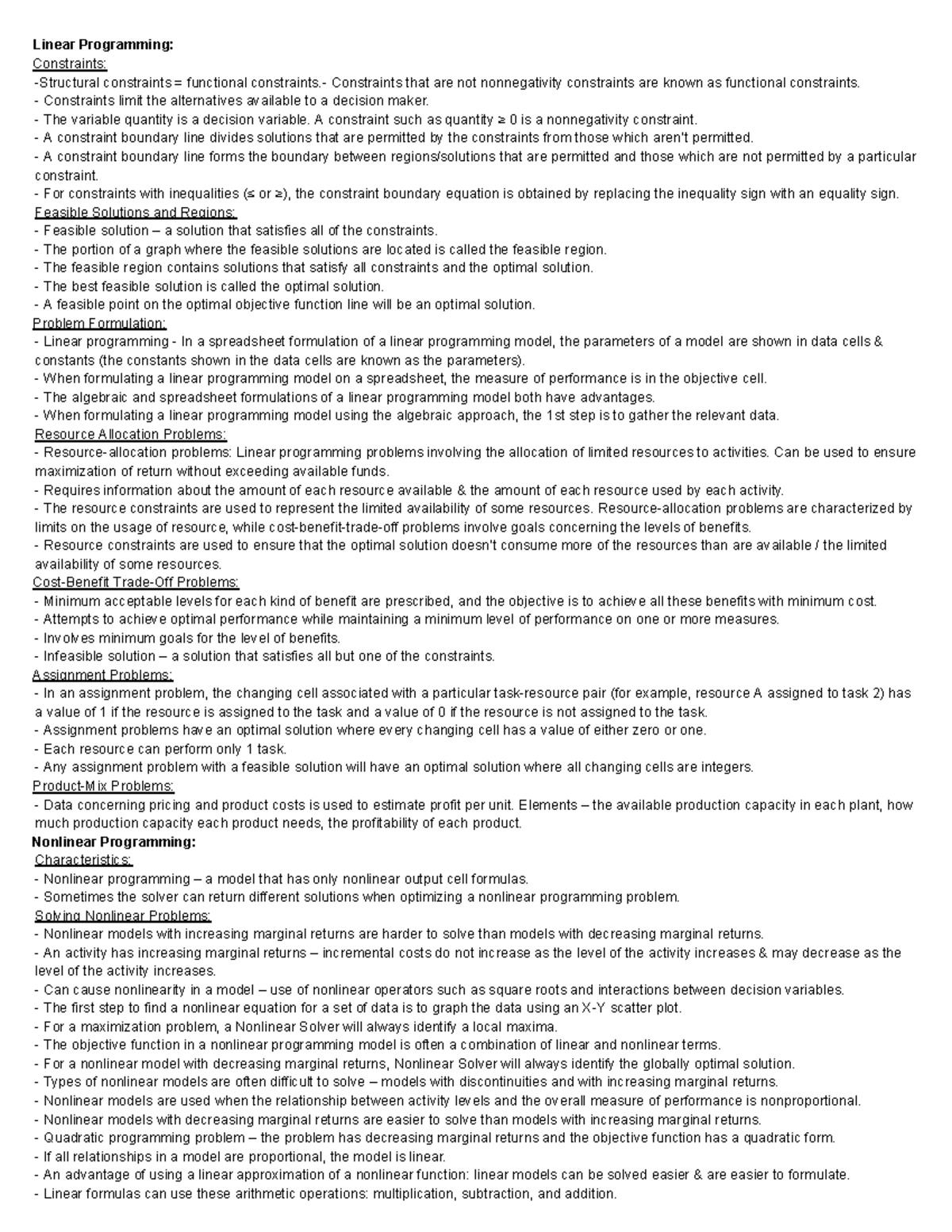 QNT Cheat Sheet - Linear Programming: Constraints: -Structural ...