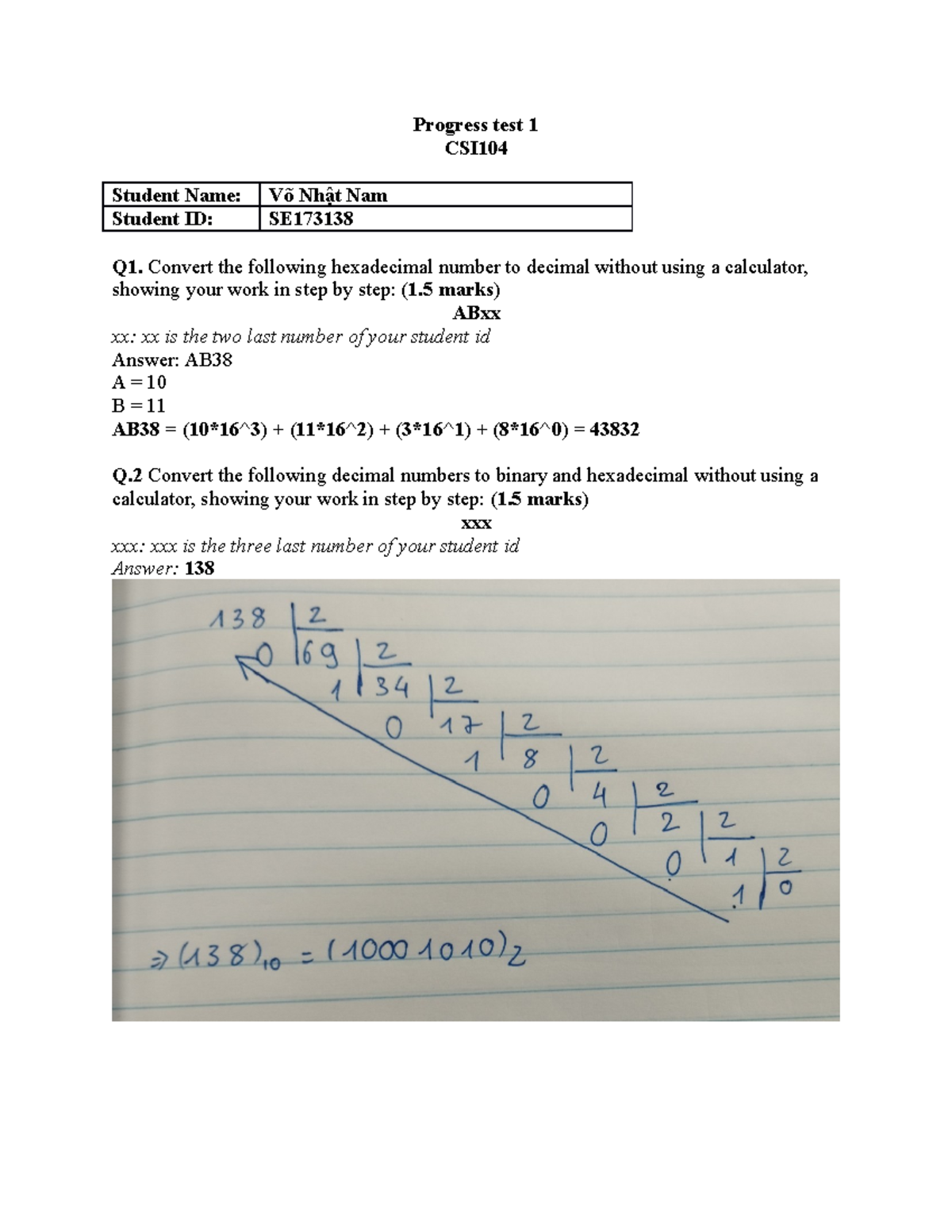 Progress test 1 ( Võ Nhật Nam) - Progress test 1 CSI Student Name: Võ ...