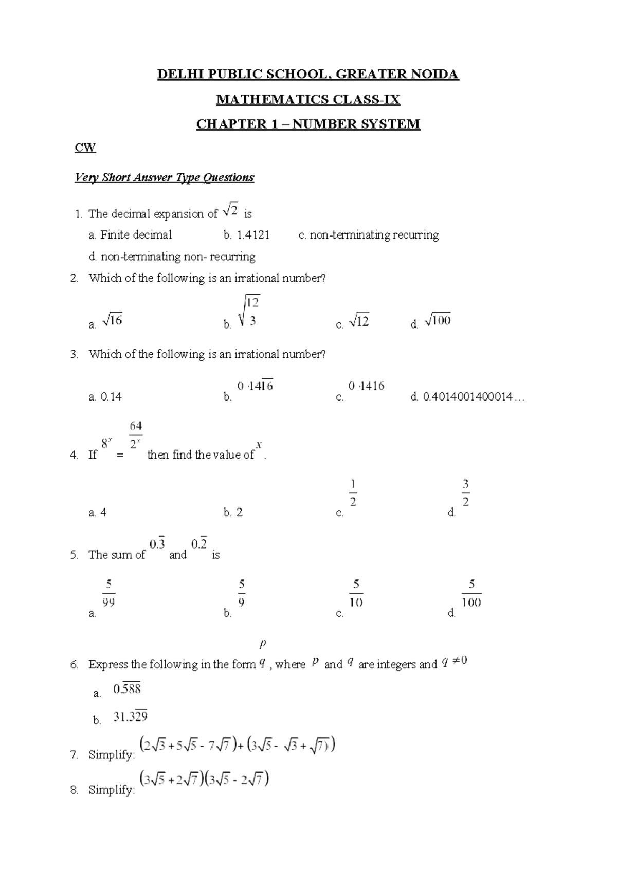 Chapter 1 – Number System - DELHI PUBLIC SCHOOL, GREATER NOIDA MATHEMATICS CLASS-IX CHAPTER 1 ...