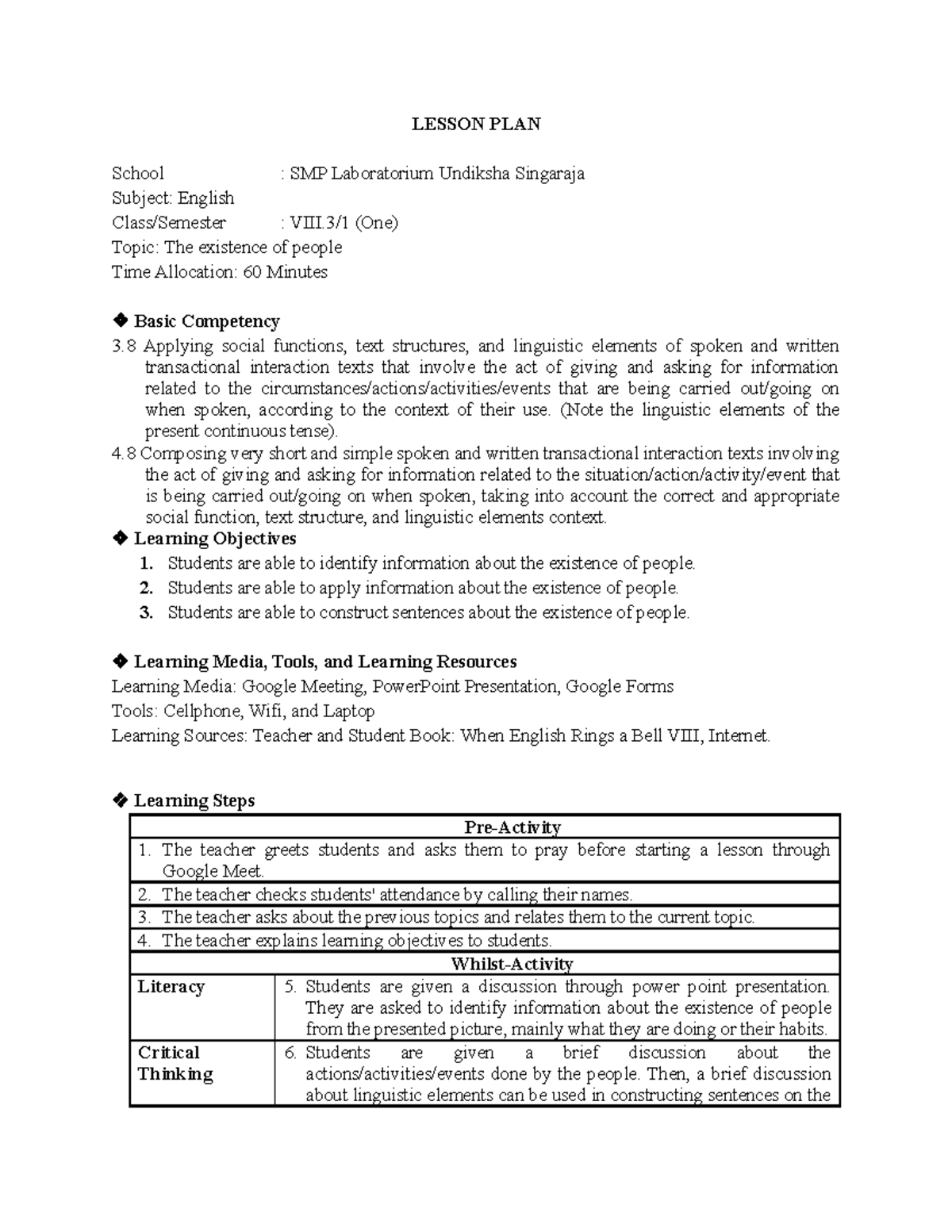 Lesson PLAN FOR Existence OF People - LESSON PLAN School : SMP ...