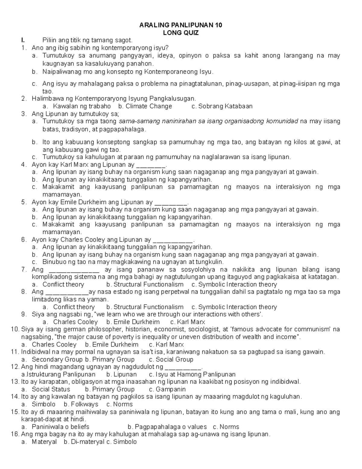 Long quiz - AP ADFAAAF - ARALING PANLIPUNAN 10 LONG QUIZ I. Piliin ang ...