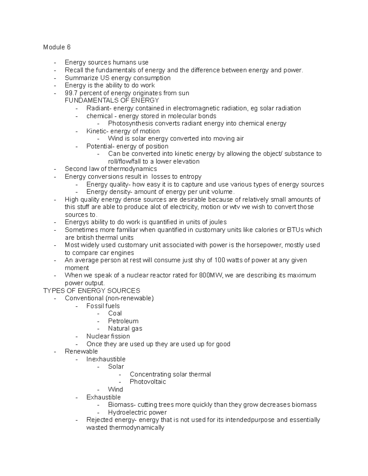 Module 6 - Environmental Science Notes for exam - Module 6 Energy ...