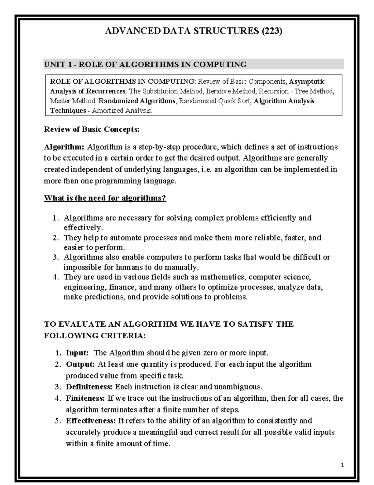 Ads Unit 1 Ads Advanced Data Structures 223 Unit 1 Role Of Algorithms In Computing
