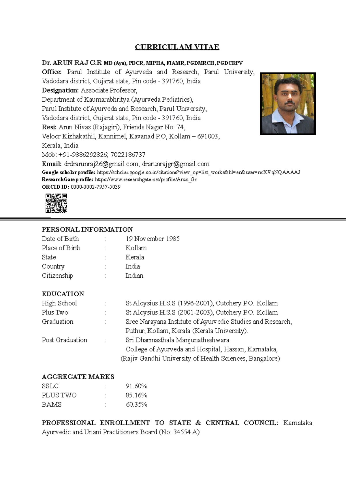 Dr Arun Raj GR. Long CV - Curriculum vitae - CURRICULAM VITAE Dr. ARUN ...