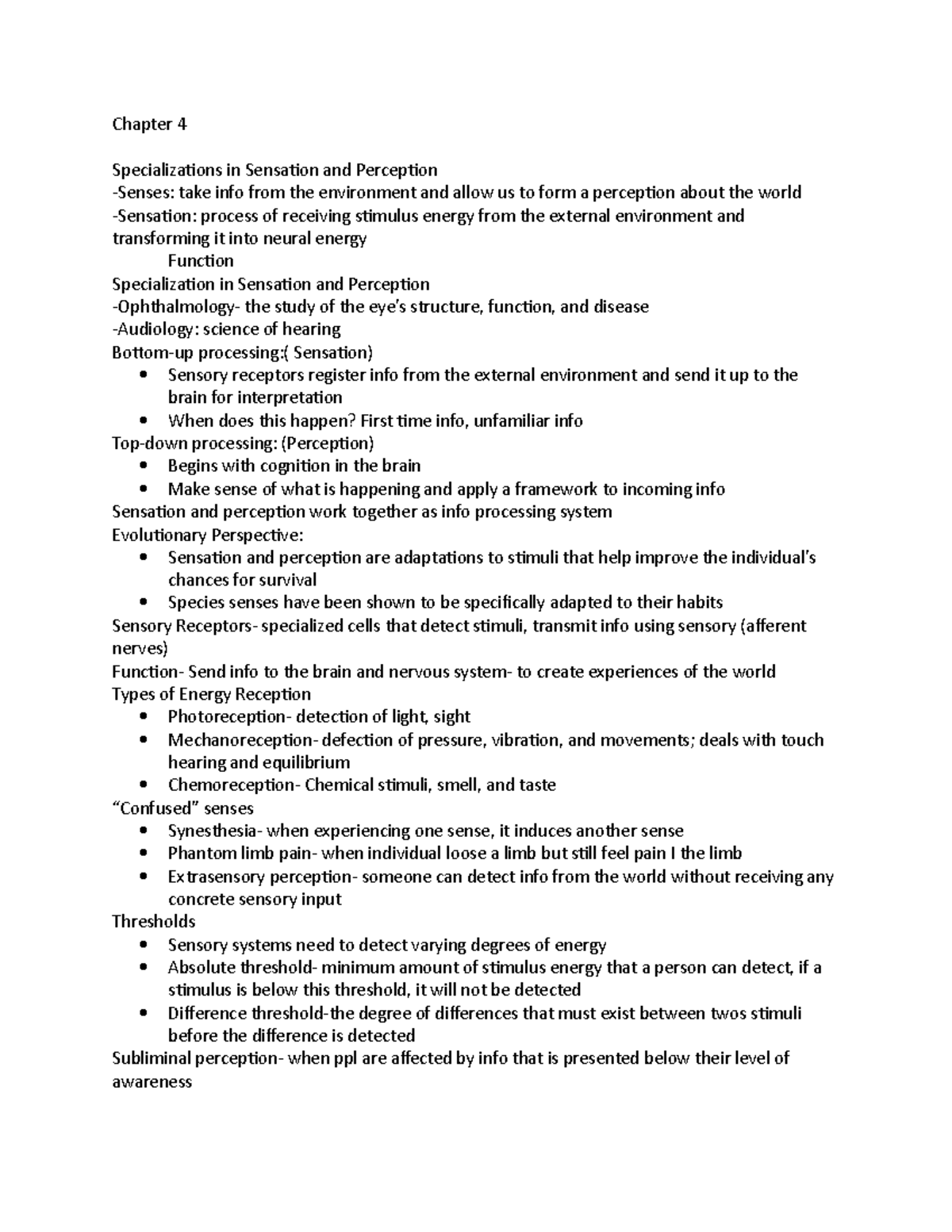 Chapter 4 - Notes - Chapter 4 Specializations in Sensation and ...