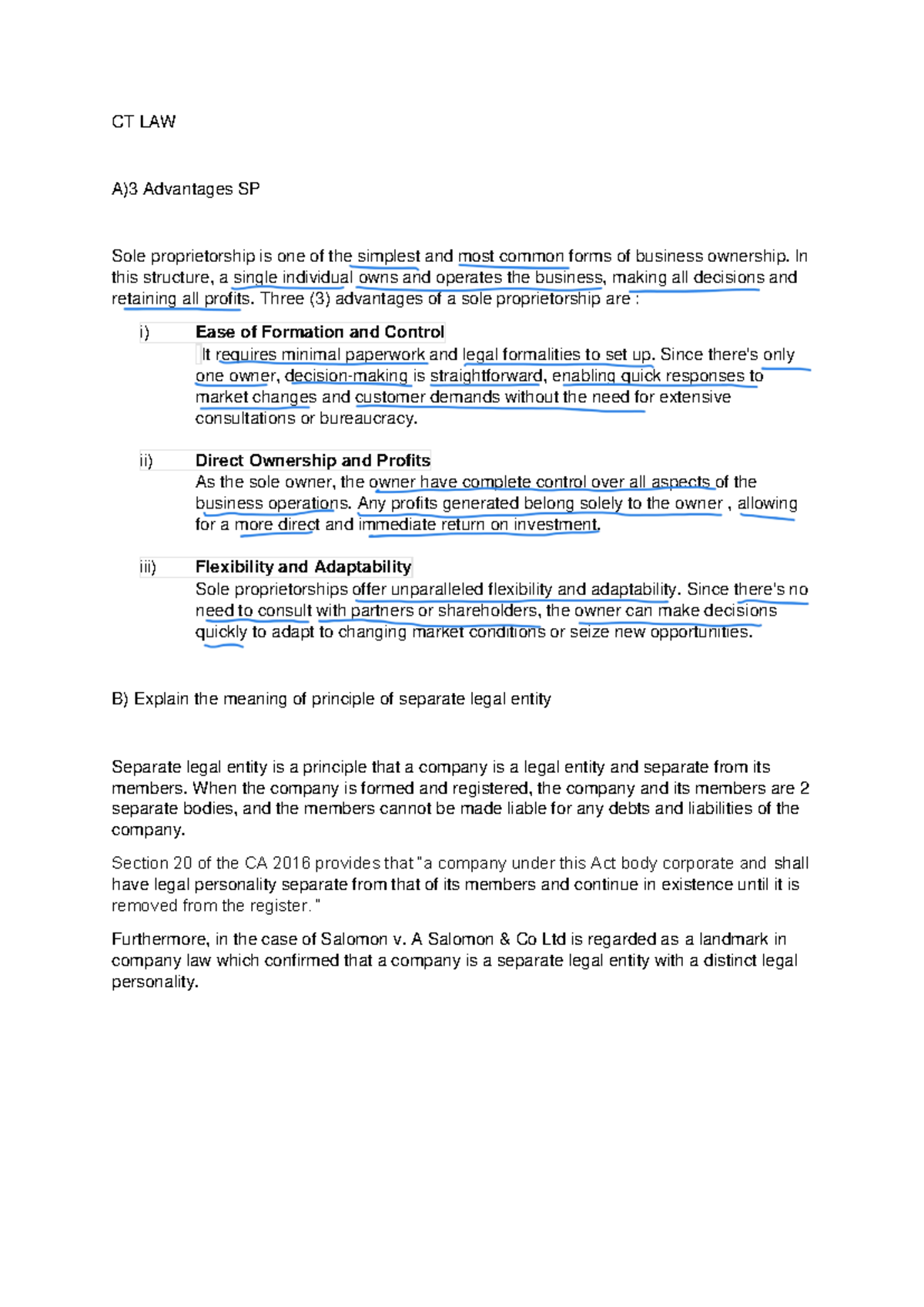 CT LAW - Tuto - CT LAW A)3 Advantages SP Sole proprietorship is one of ...