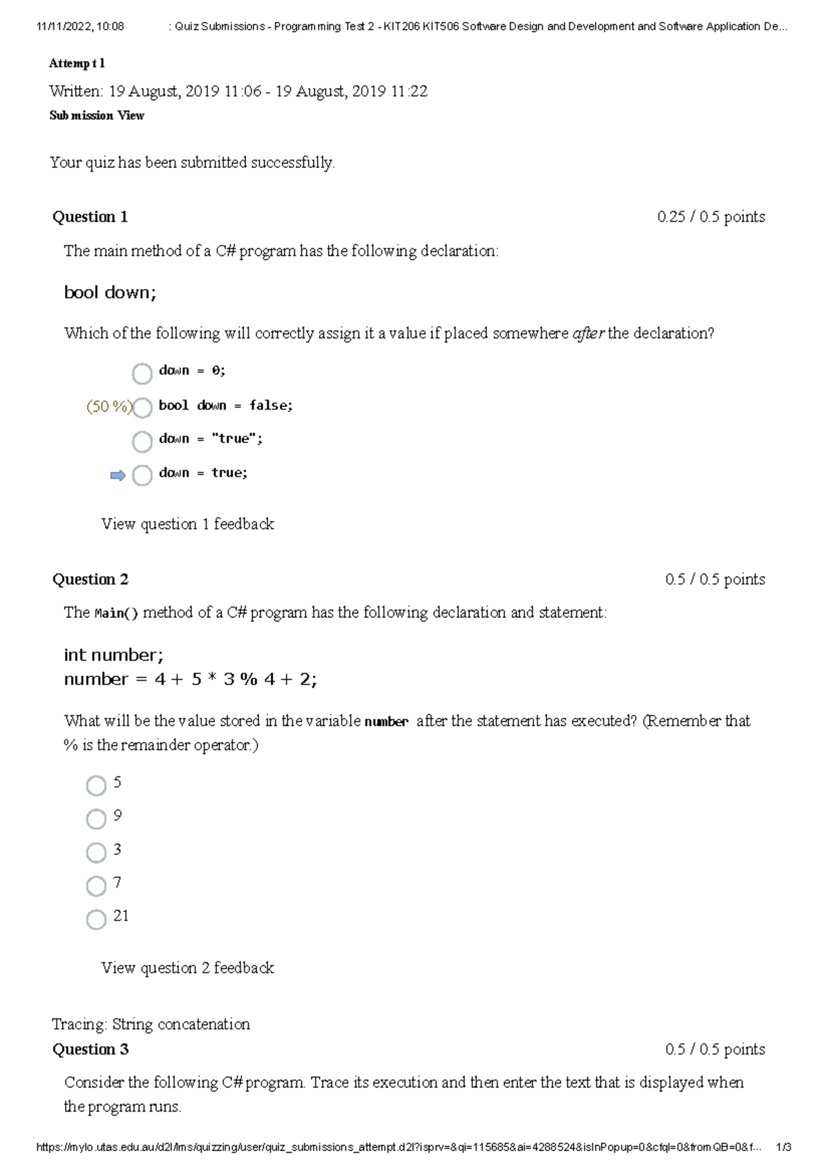 Quiz Submissions - Programming Test 2 - KIT206 KIT506 Software Design ...