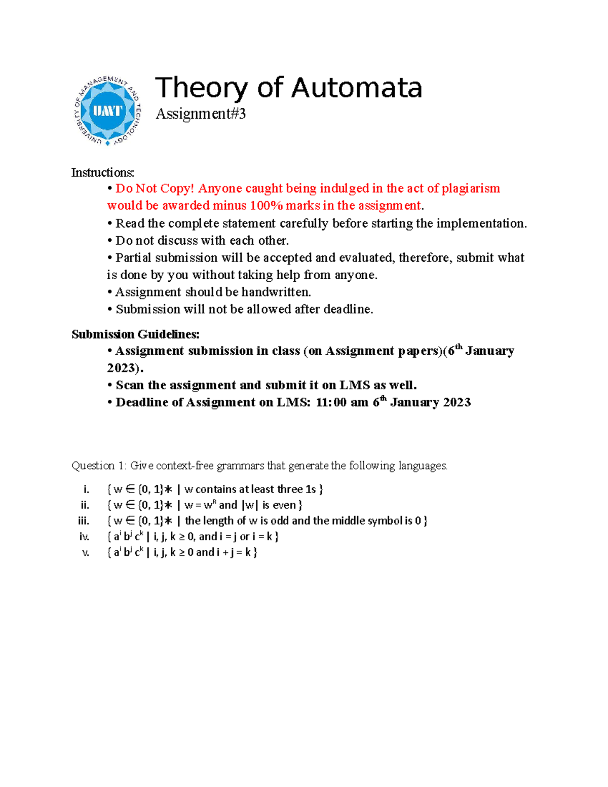 TOA Assignment 03 - Theory of Automata Assignment# Instructions: Do Not Copy! Anyone caught ...