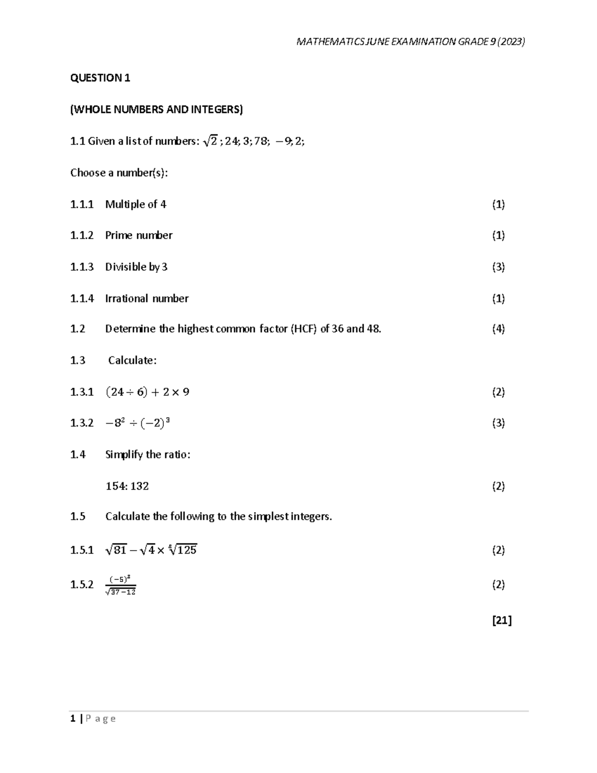 June Exam 9 - Grade 9 test - QUESTION 1 (WHOLE NUMBERS AND INTEGERS) 1 ...