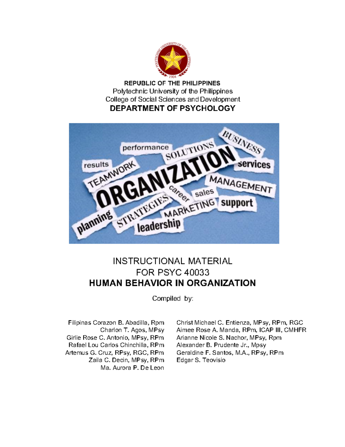 HUMAN BEHAVIOR IN ORGANIZATION INSTRUCTIONAL MATERIAL - Management ...