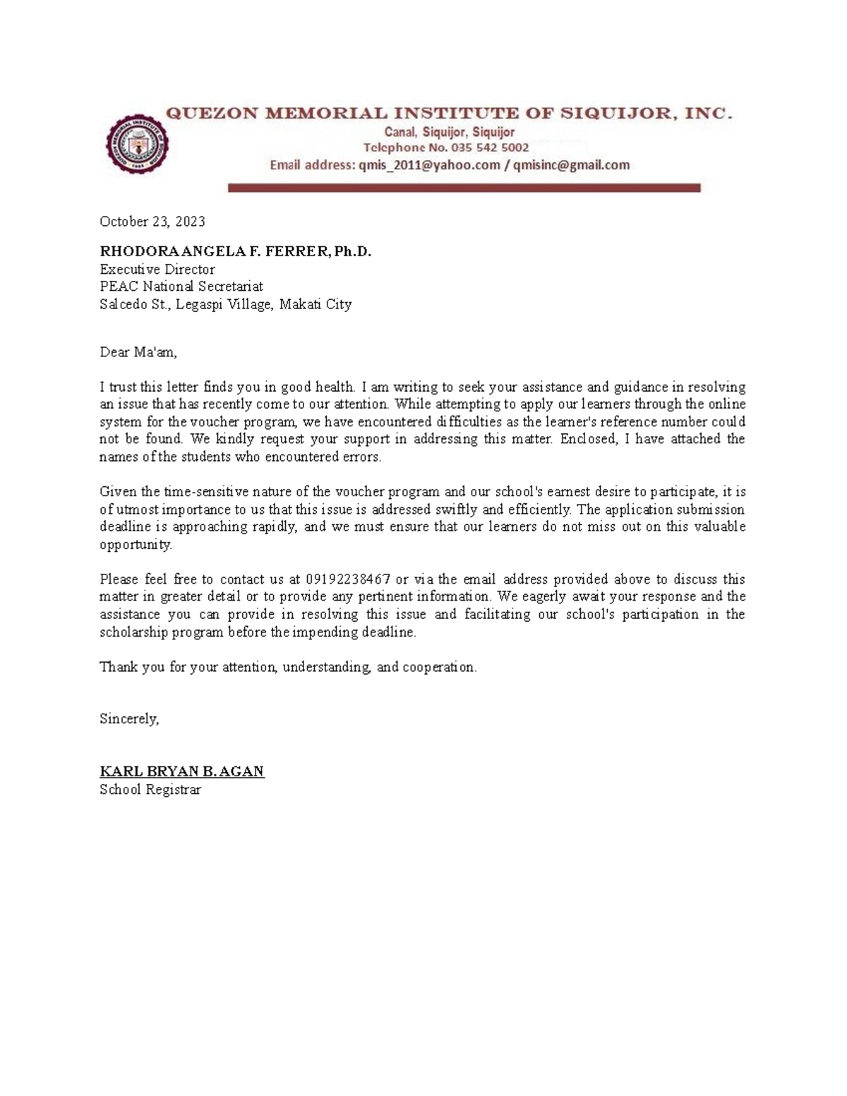 Letter request -PEAC - October 23, 2023 RHODORA ANGELA F. FERRER, Ph ...