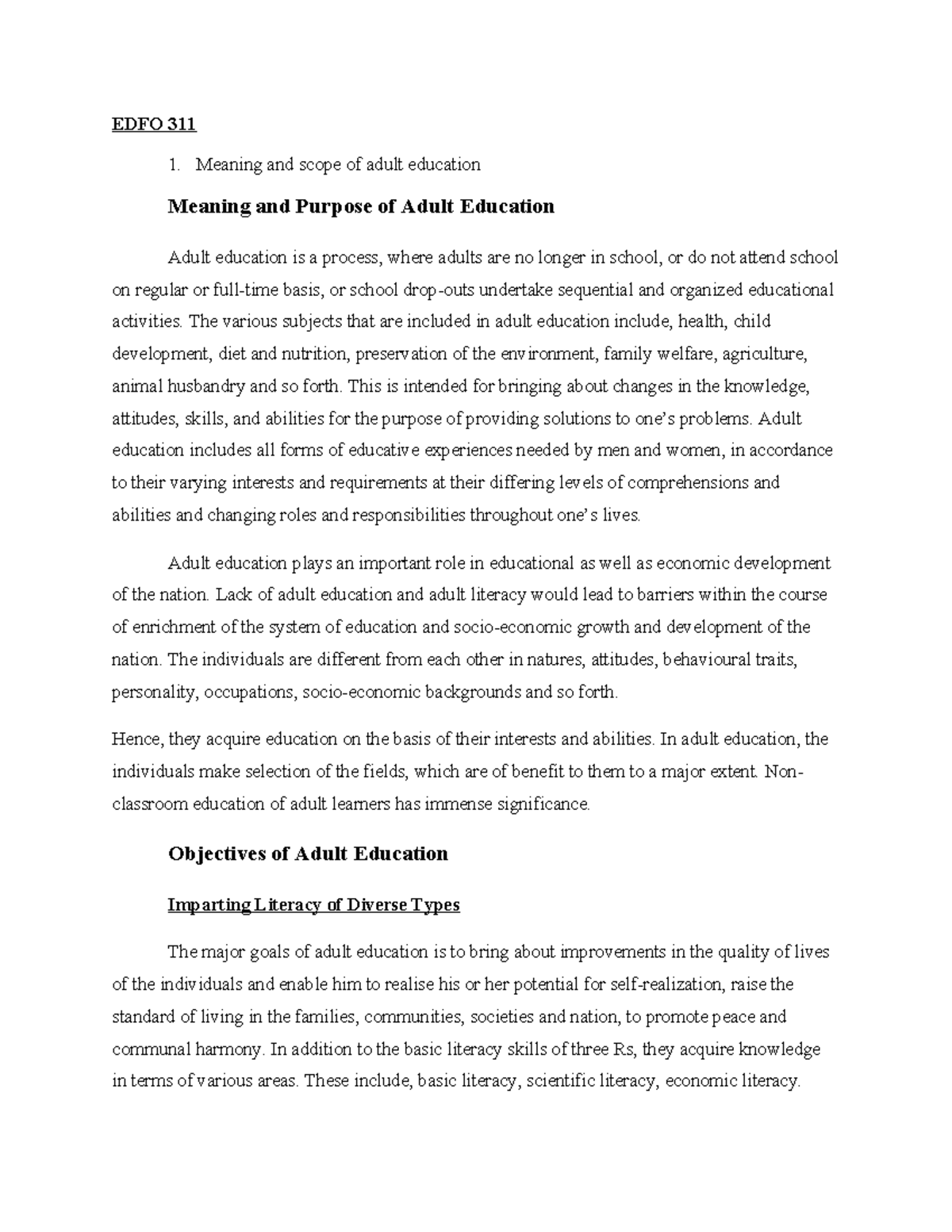 Adult education notes - EDFO 311 Meaning and scope of adult education ...