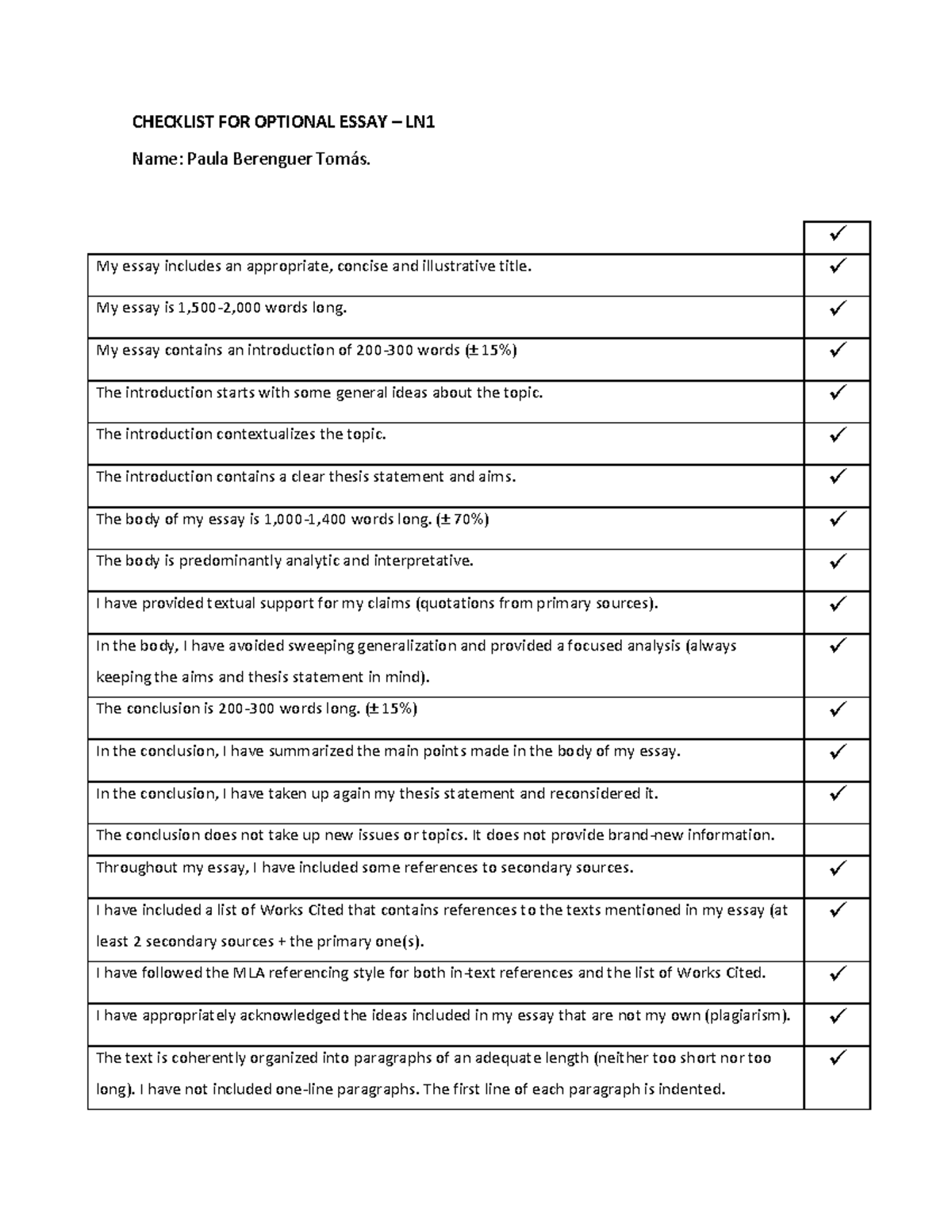 Checklist for optional essay LN1 - CHECKLIST FOR OPTIONAL ESSAY – LN ...