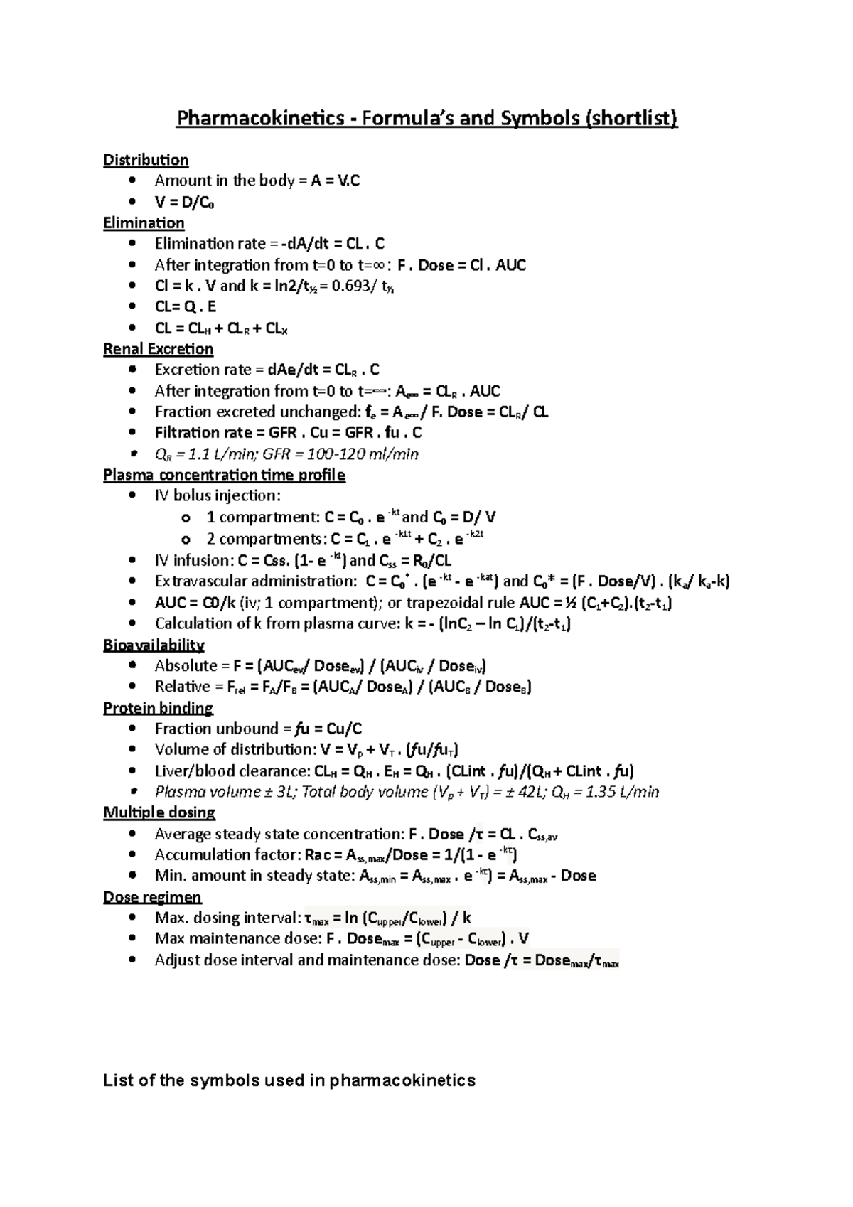 Overview PK formula's and symbols - Pharmacokineics - Formula’s and ...