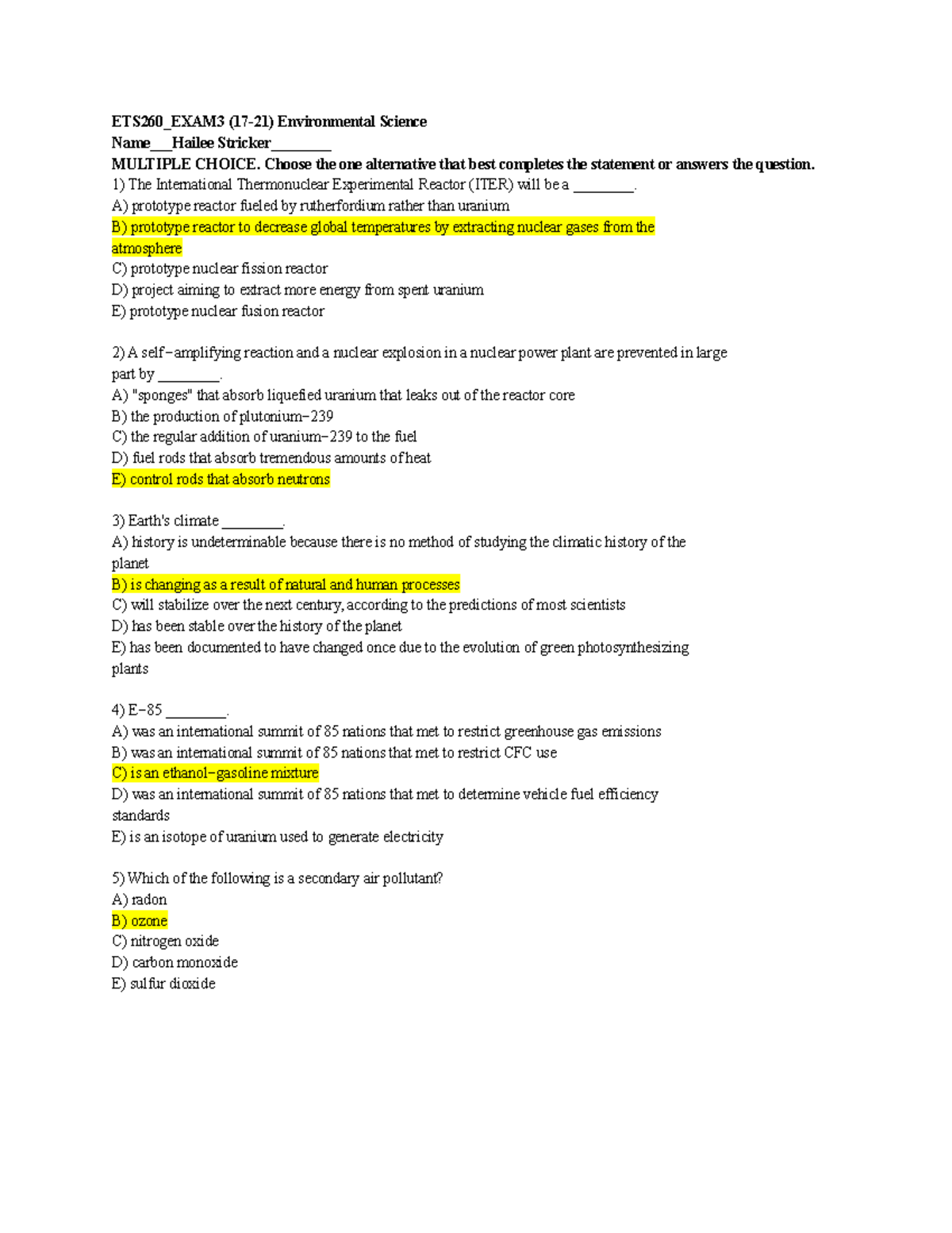 Exam 3 - exam 3 - ETS260_EXAM3 (17-21) Environmental Science Name ...
