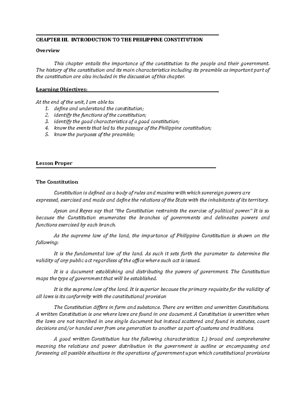 Phcongov 3 - LECTURE/ REVIEWER - CHAPTER III. INTRODUCTION TO THE ...