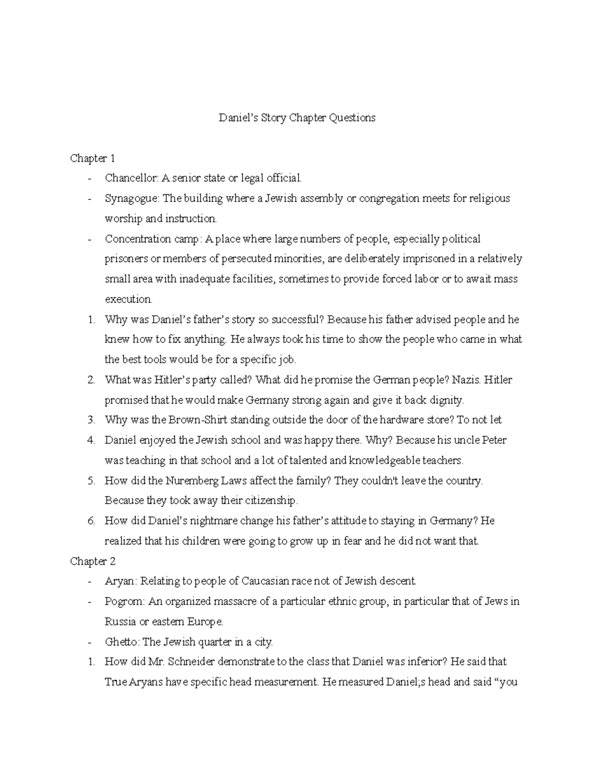 Daniel's story - Daniel’s Story Chapter Questions Chapter 1 ...