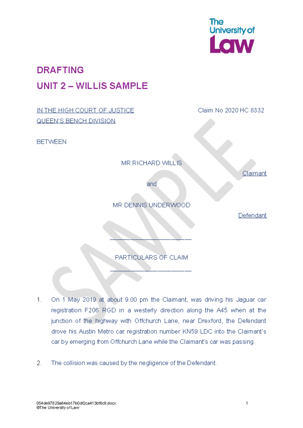 Sample particulars of claim negligence - DRAFTING UNIT 2 – WILLIS ...