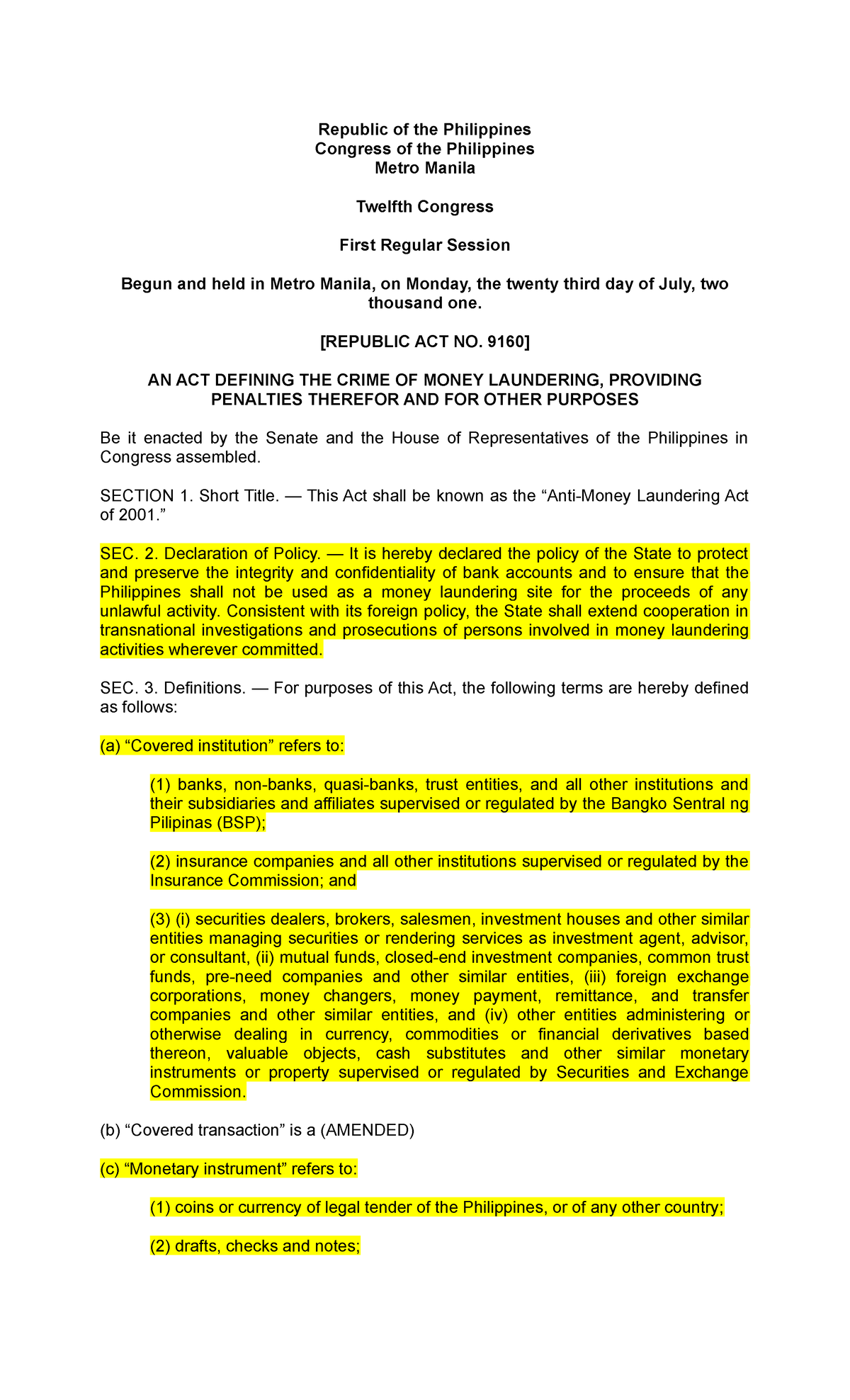 7-AML - LAWS IN History - Anti money laundering act notes - Republic of ...