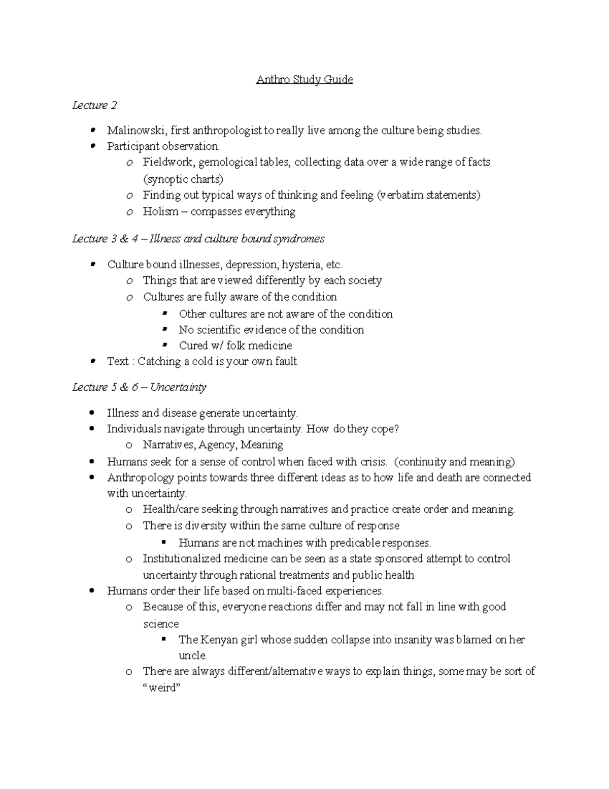 Anthro Study Guide - Anthro Study Guide Lecture 2 Malinowski, first ...